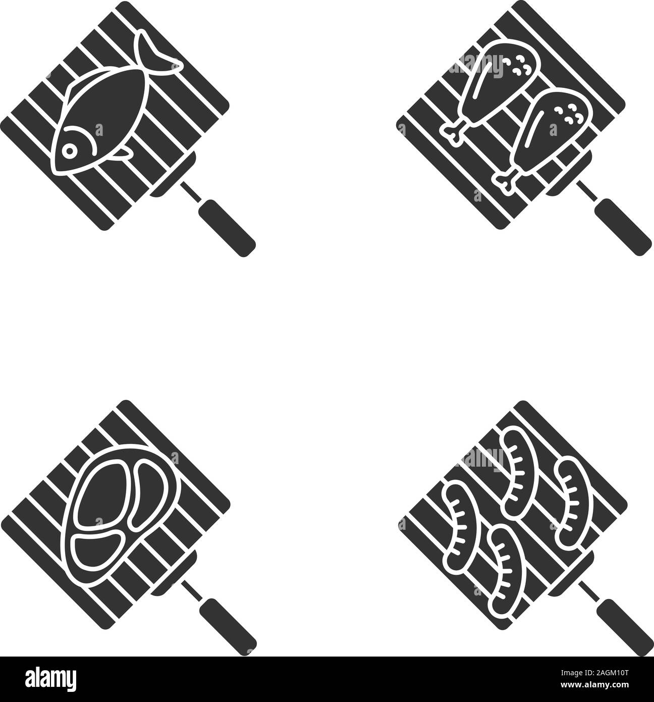 Barbecue glyph icons set. BBQ. Hand grills with fish, chicken ...