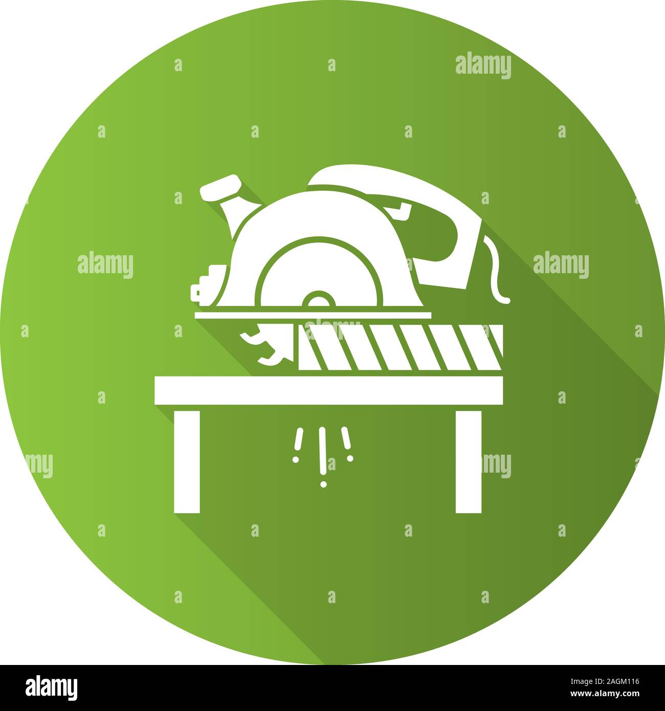 Circular saw cutting wooden plank flat linear long shadow icon. Disc saw. Vector outline symbol ...