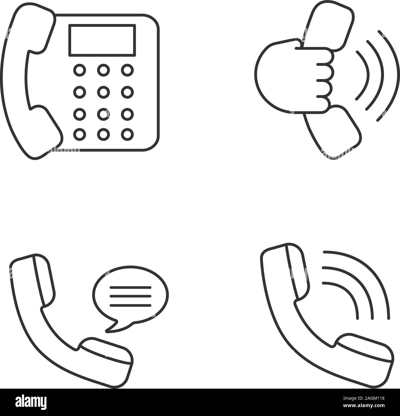 Phone communication linear icons set. Landline phone, handset in hand ...