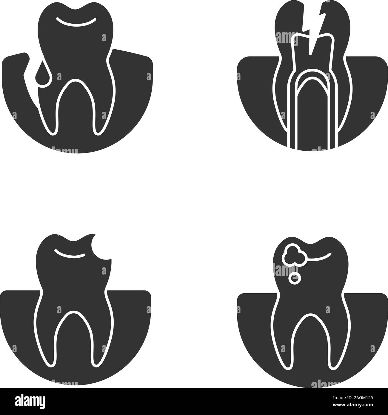 Dentistry glyph icons set. Stomatology. Gum bleeding, toothache, broken ...