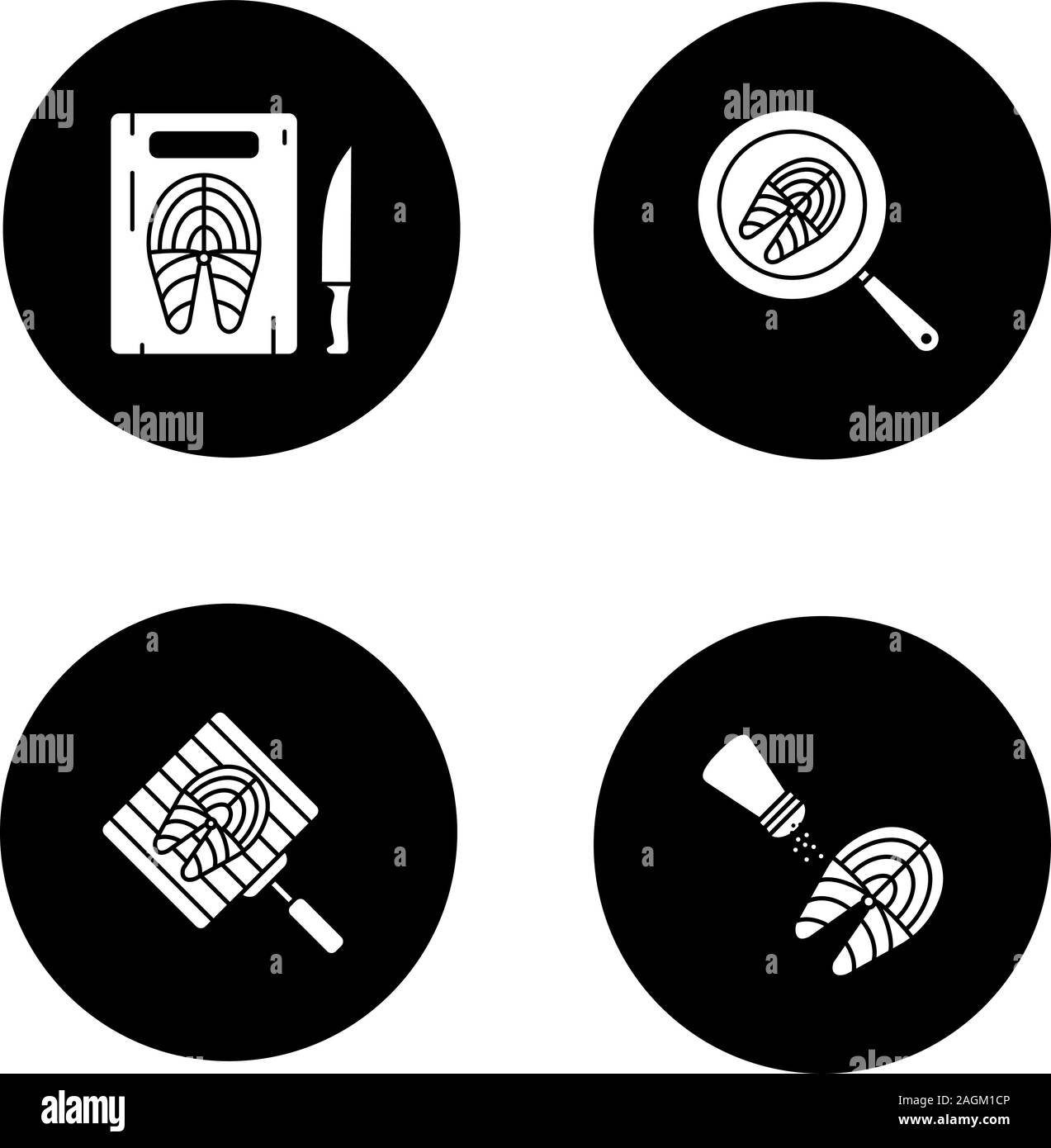 Fish preparation glyph icons set. Cutting, frying, grilling, salting ...