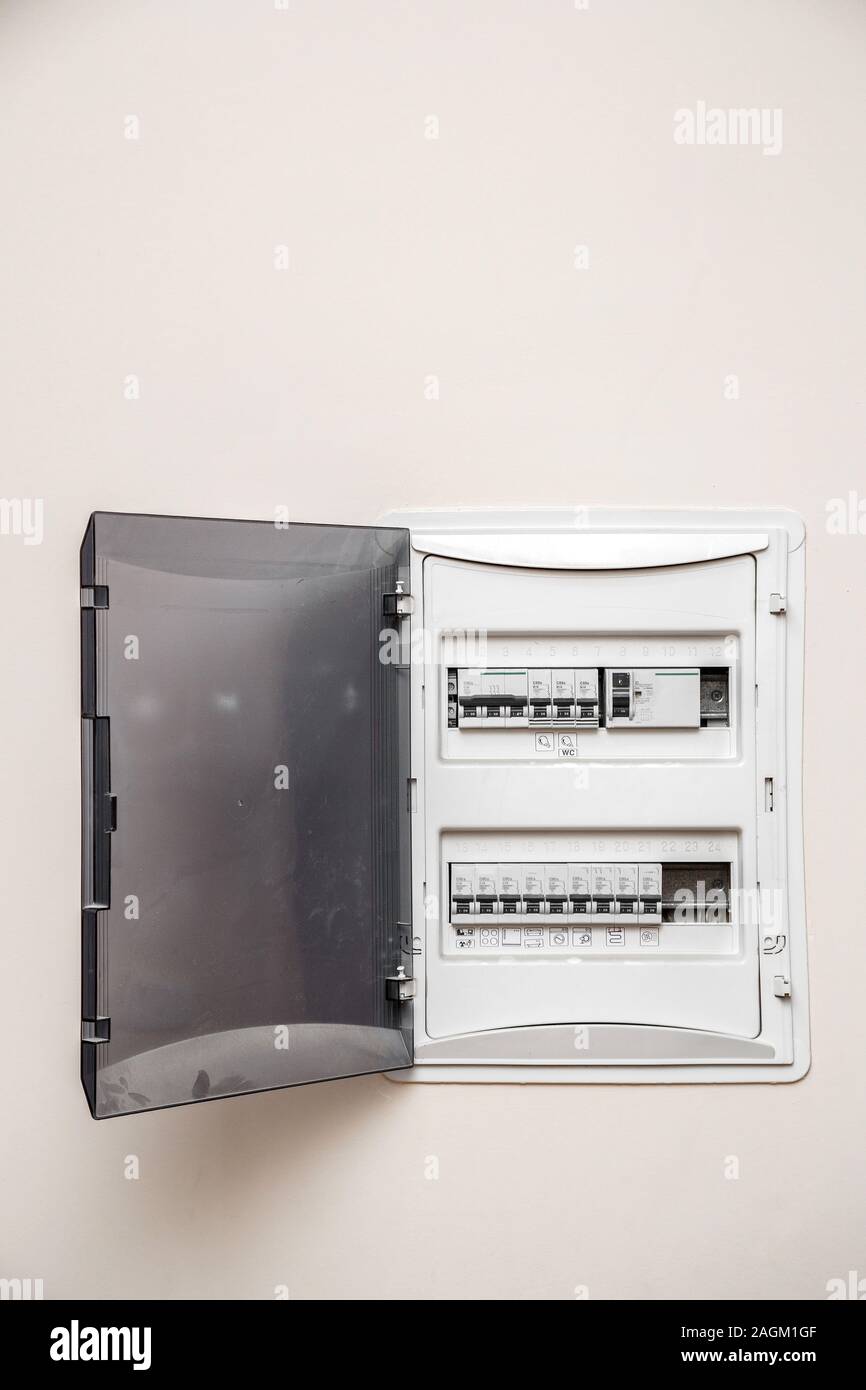 Electricity distribution box. Fusebox. Isolated on apartment wall Stock ...