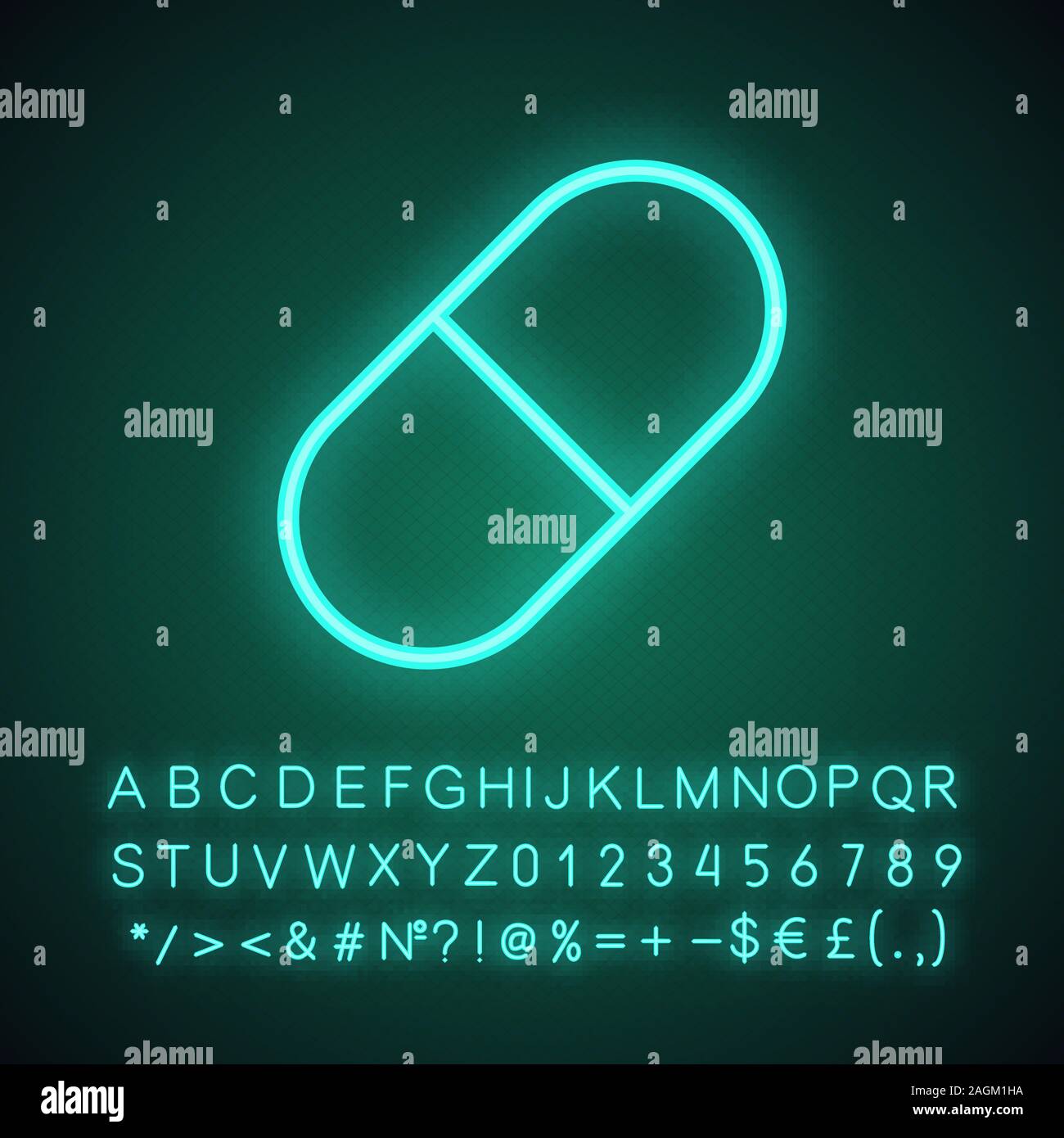 Pill neon light icon. Medication. Glowing sign with alphabet, numbers ...