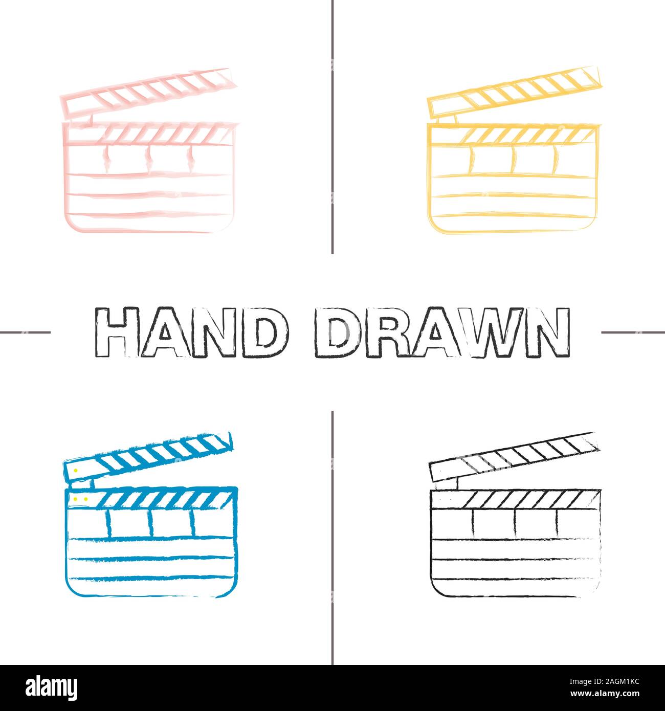 Clapperboard hand drawn icons set. Time code slate. Color brush stroke ...
