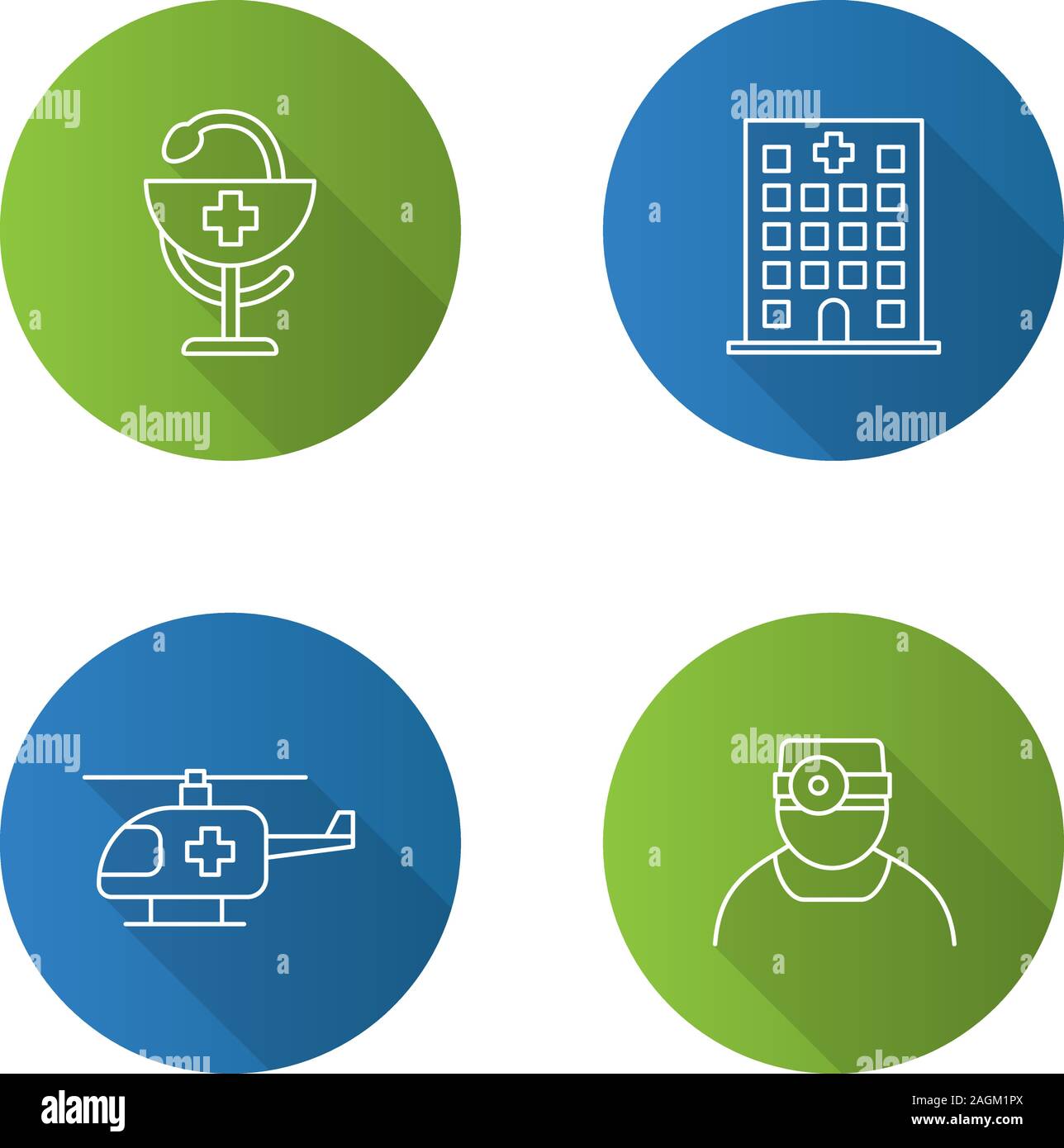 Medicine flat linear long shadow icons set. Hospital, doctor, medical ...