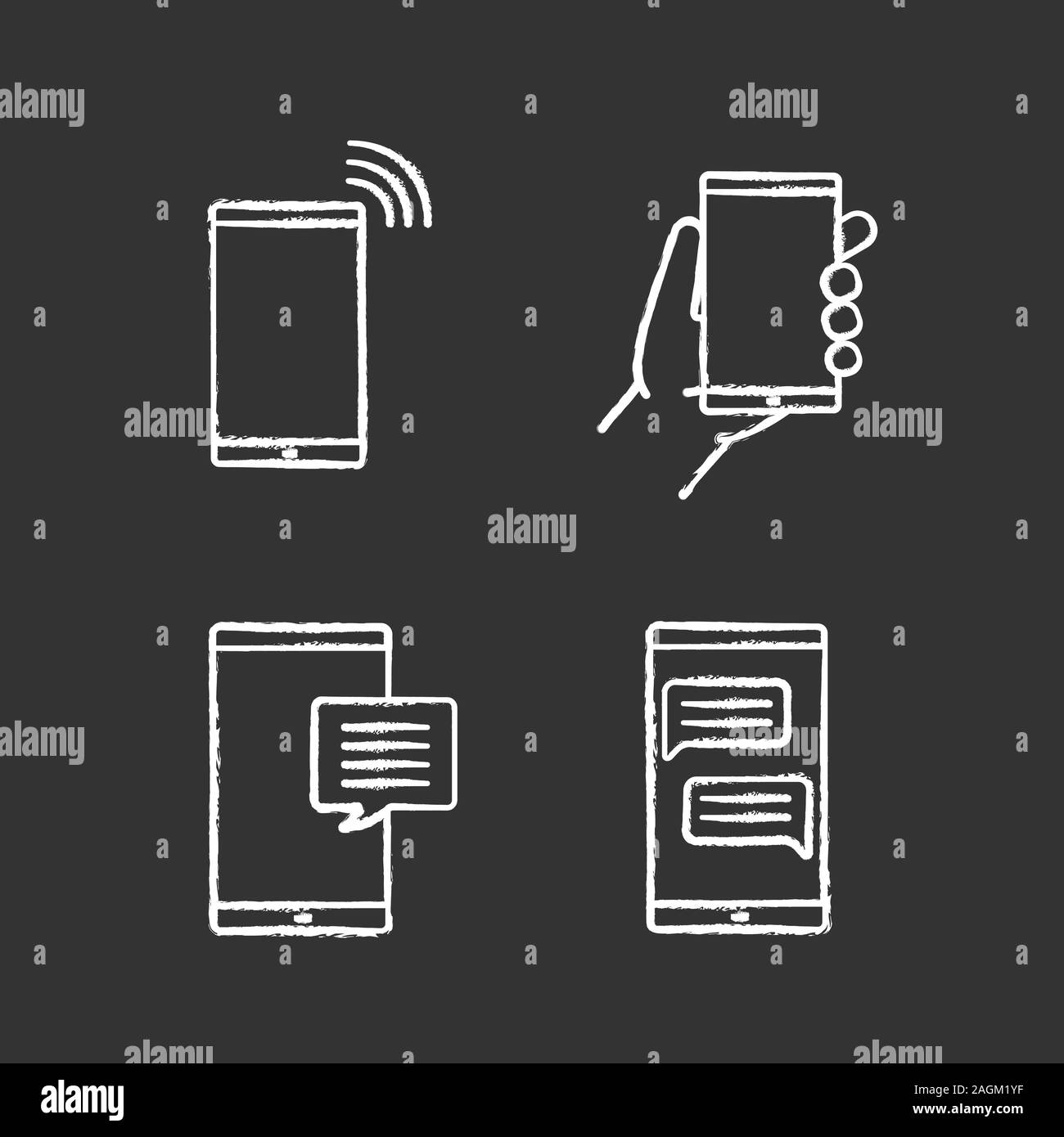 Phone communication chalk icons set. Chatting, sms, smartphone in hand ...