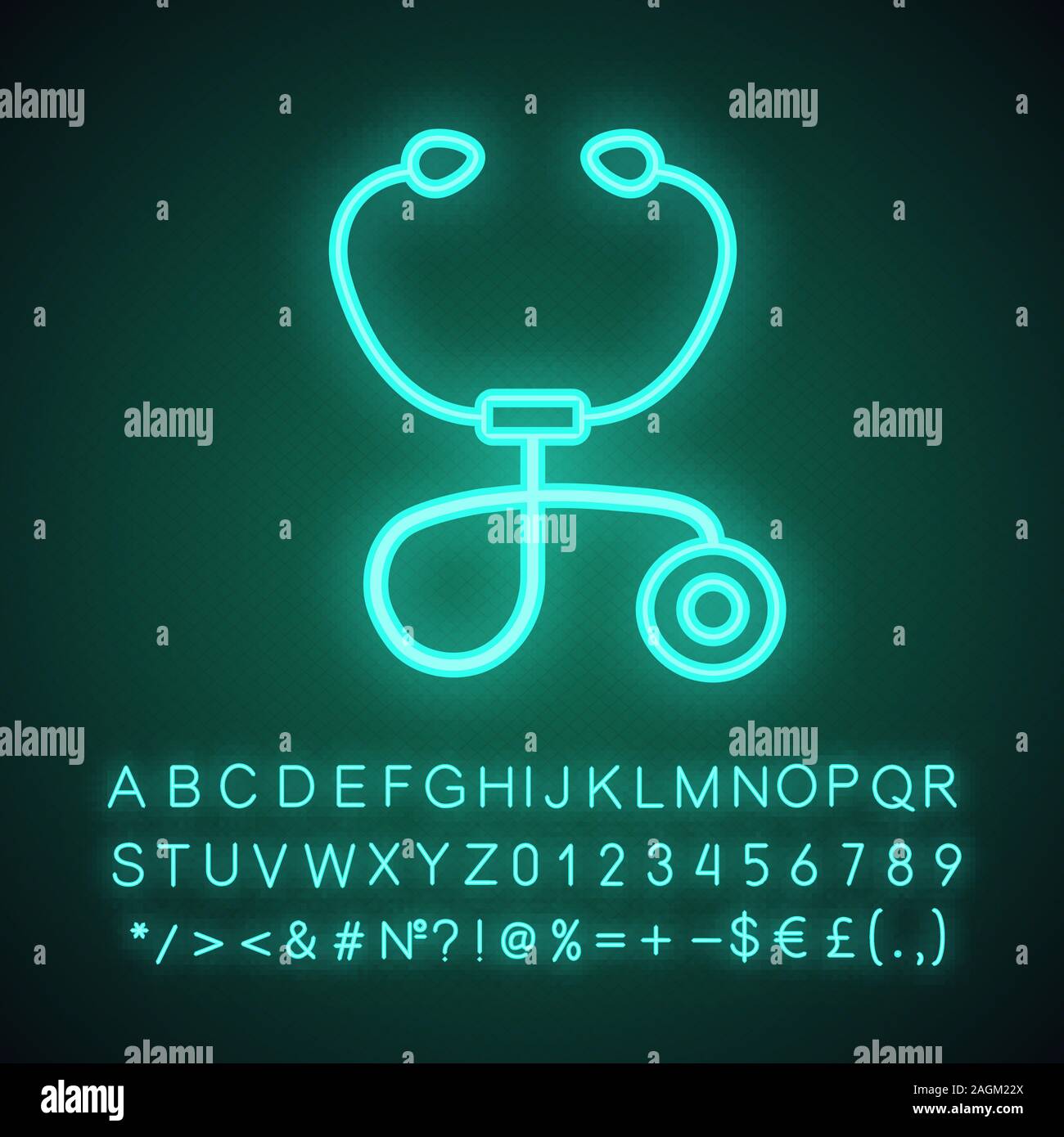 Stethoscope neon light icon. Phonendoscope. Glowing sign with alphabet ...