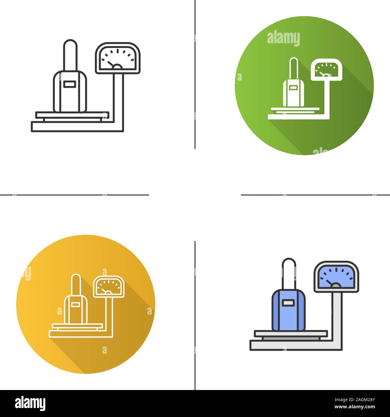 Baggage scales icon. Luggage weight checking. Flat design, linear and ...