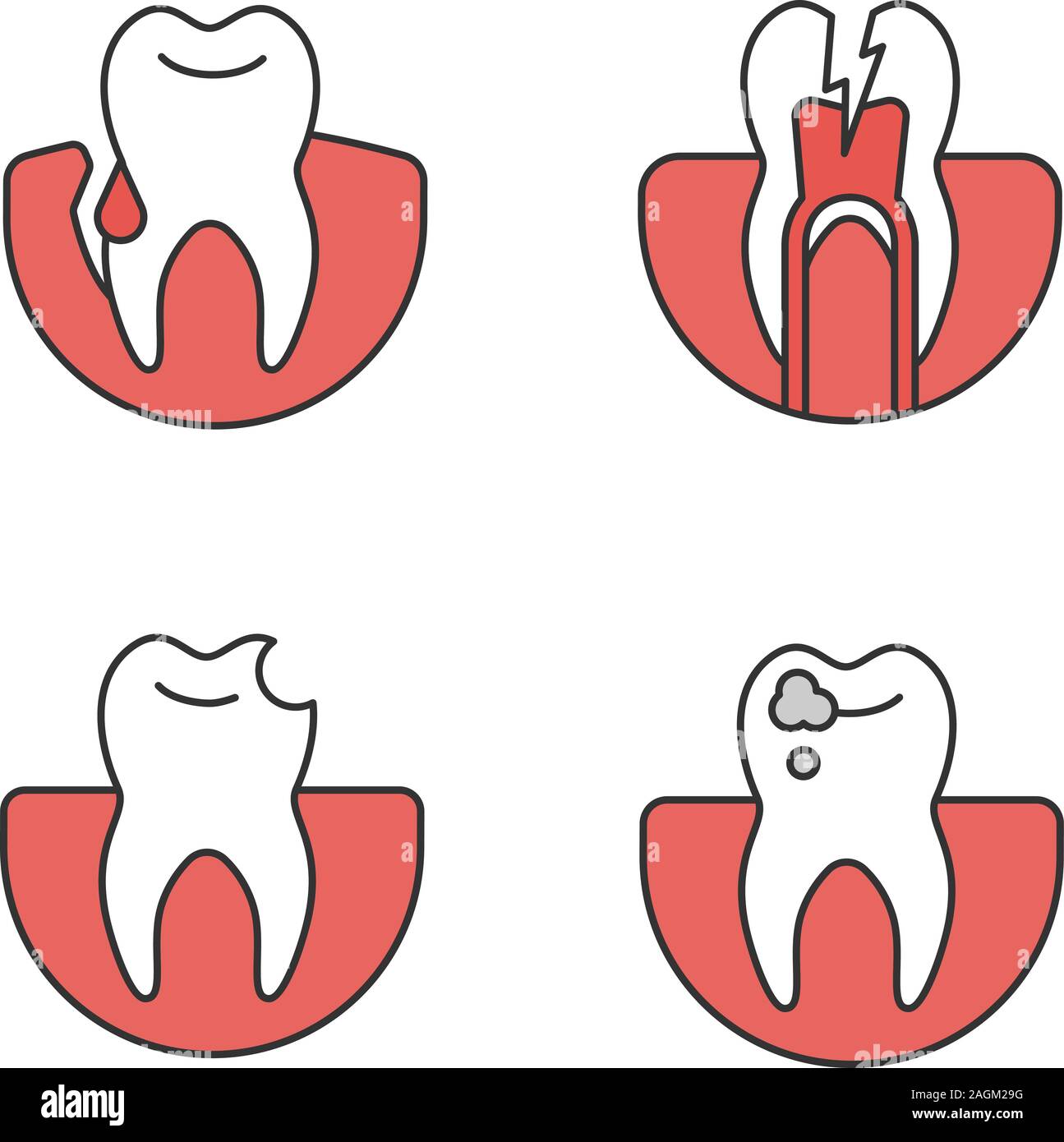 Dentistry color icons set. Stomatology. Gum bleeding, toothache, broken ...