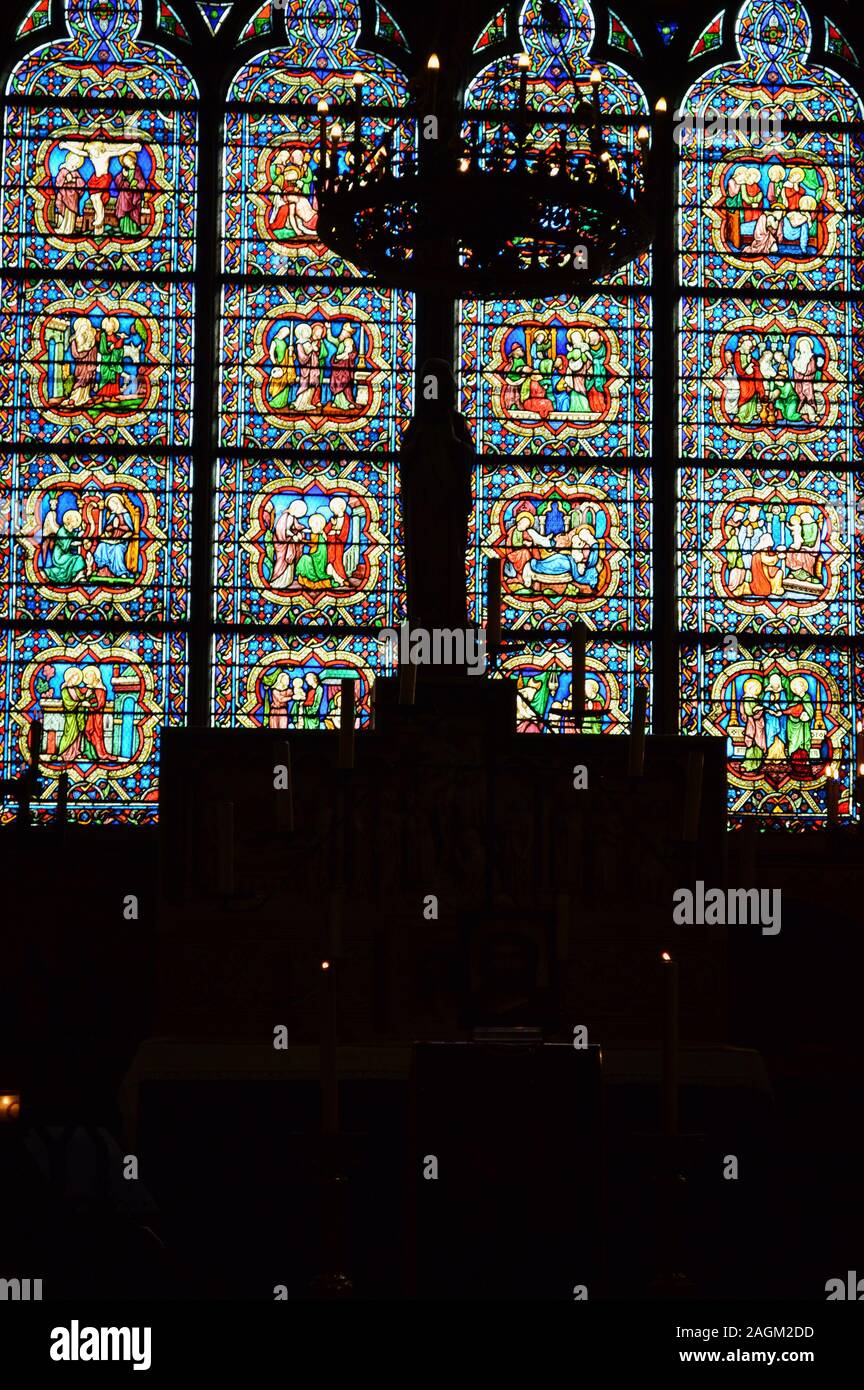 Stained Glass Windows inside Notre Dame Cathedral Stock Photo - Alamy