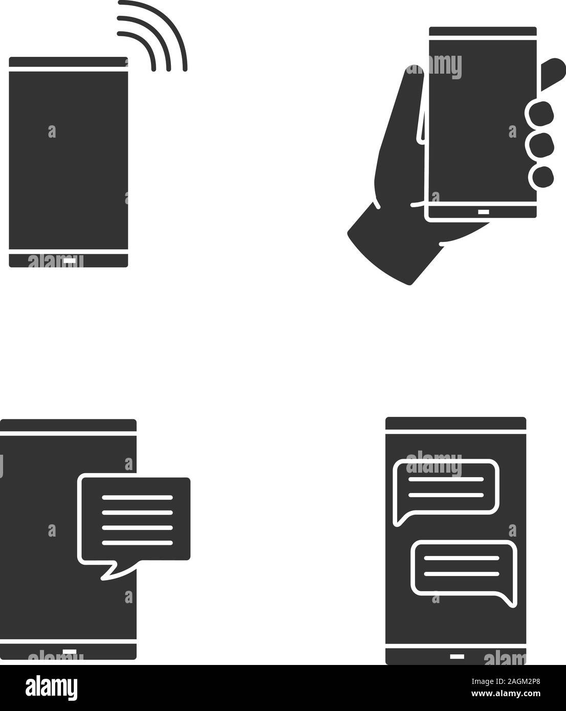 Phone communication glyph icons set. Chatting, sms, smartphone in hand ...