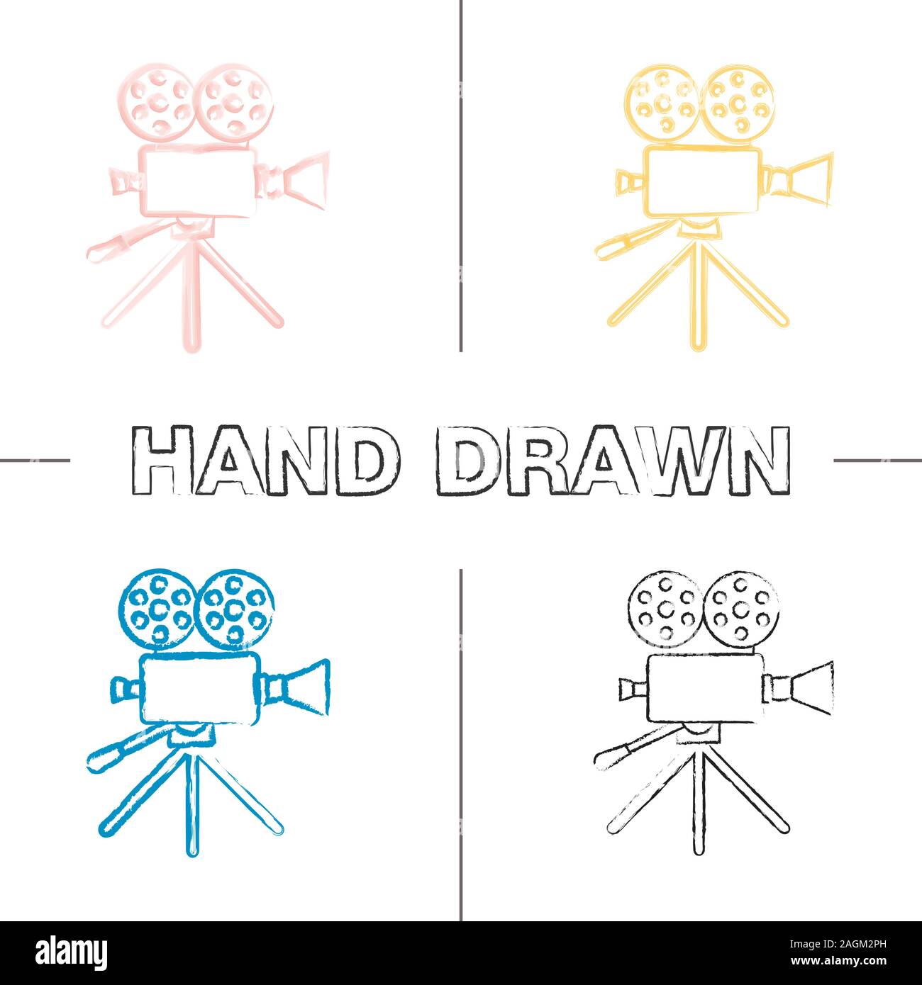 Movie camera hand drawn icons set. Cine camera. Color brush stroke ...