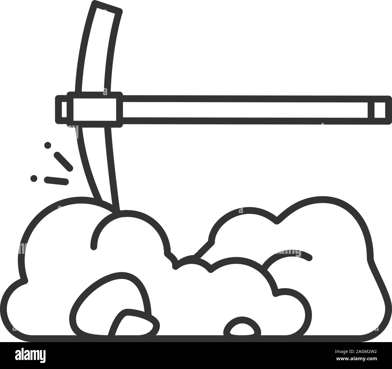 Pick axe breaking rocks linear icon. Thin line illustration. Mining. Navvy pick. Contour symbol ...