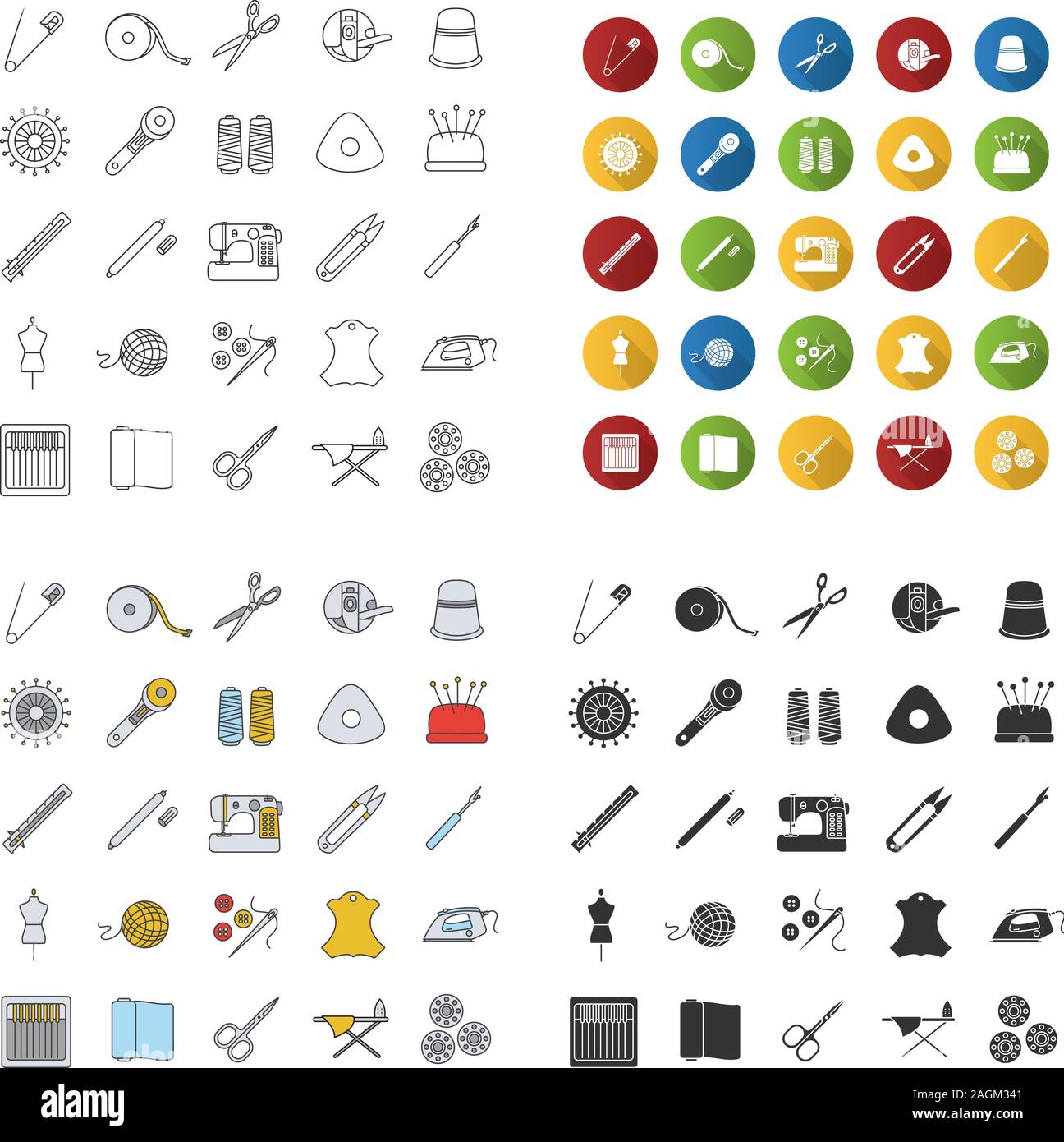 Tailoring icons set. Sewing. Needles, pins, threads, fabrics, buttons ...