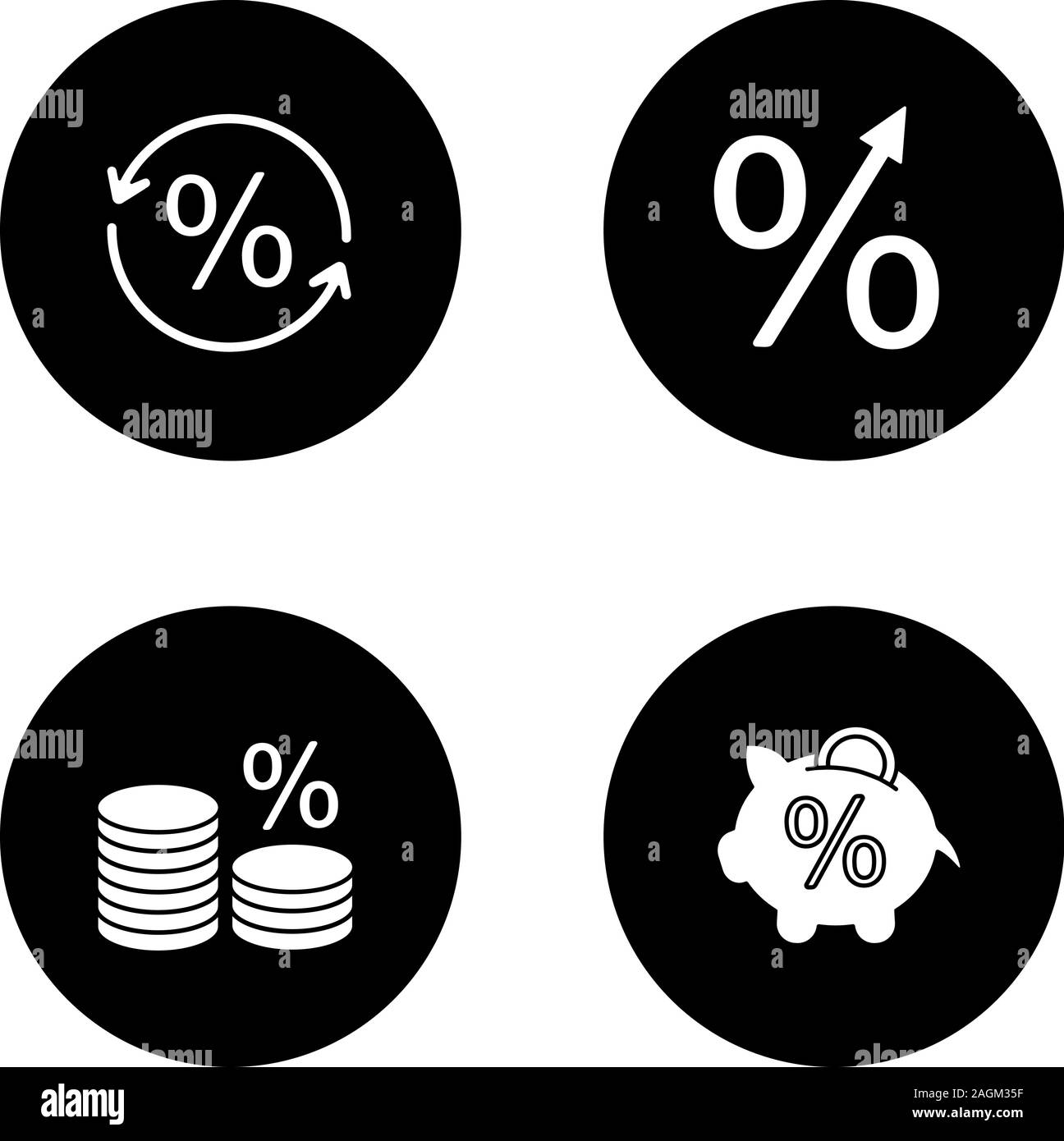 Percents glyph icons set. Percentage rise, piggy bank, coin stack ...