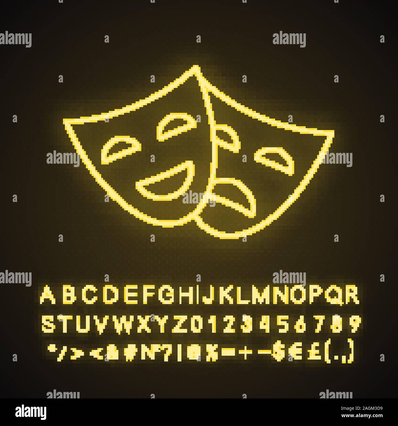 Comedy and tragedy masks neon light icon. Glowing sign with alphabet ...