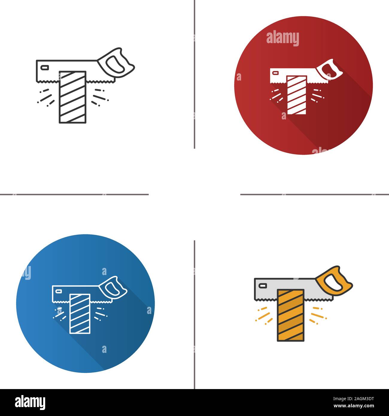 Tenon saw cutting wooden plank icon. Flat design, linear and color ...