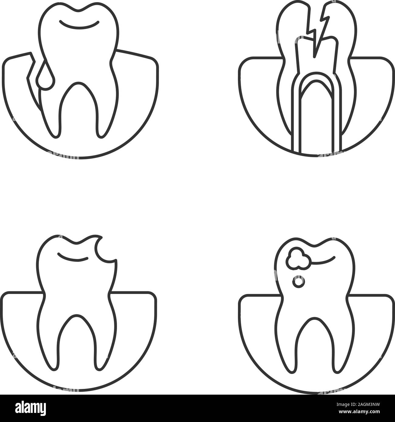 Dentistry linear icons set. Stomatology. Gum bleeding, toothache ...