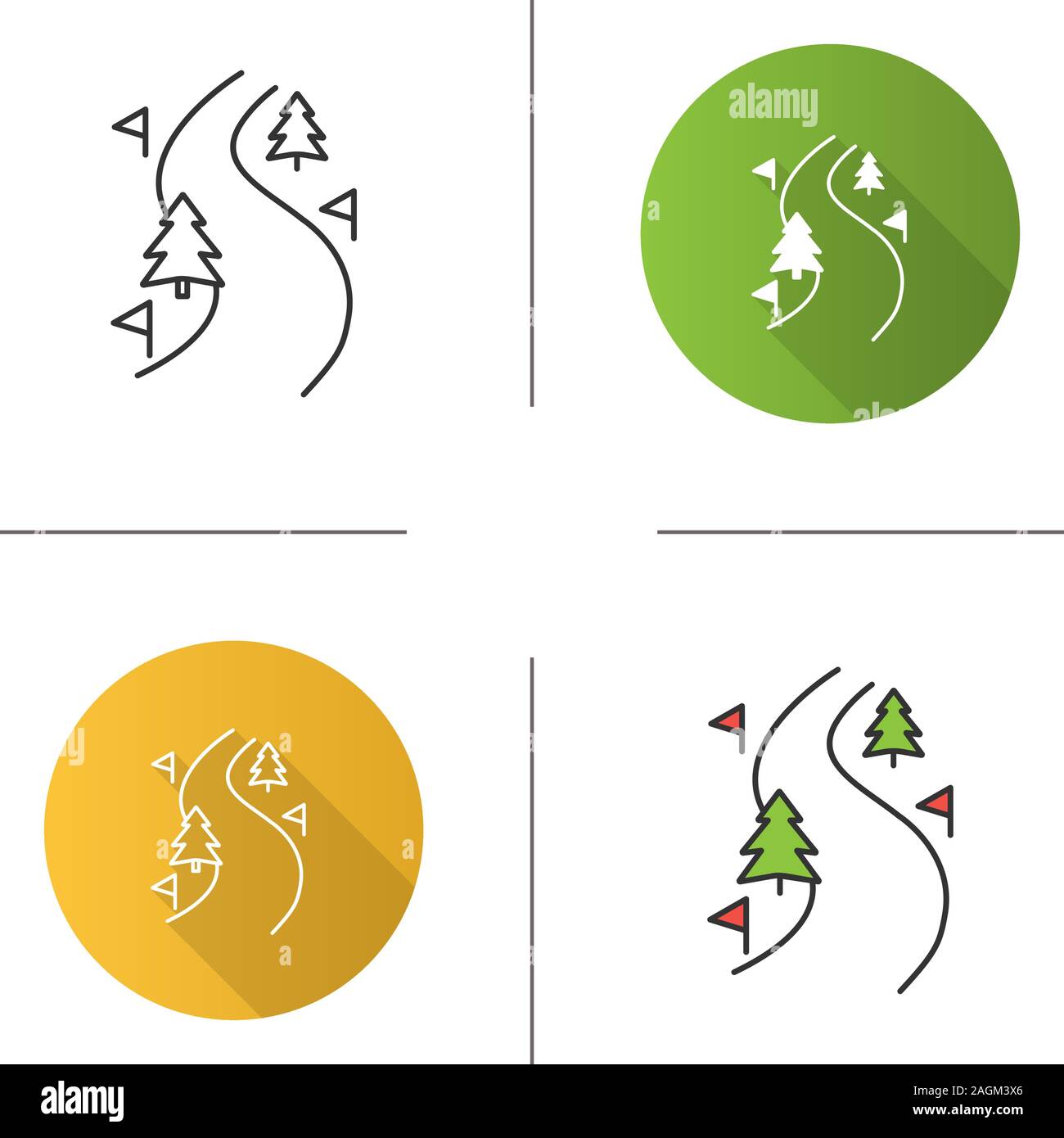 Ski route icon. Winter forest road. Mountain landscape. Flat design ...