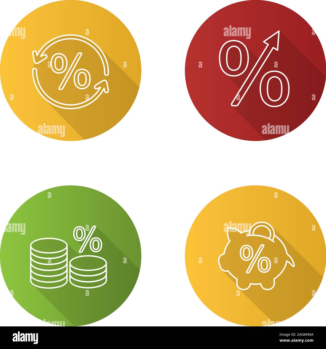 Percents flat linear long shadow icons set. Percentage rise, piggy bank ...