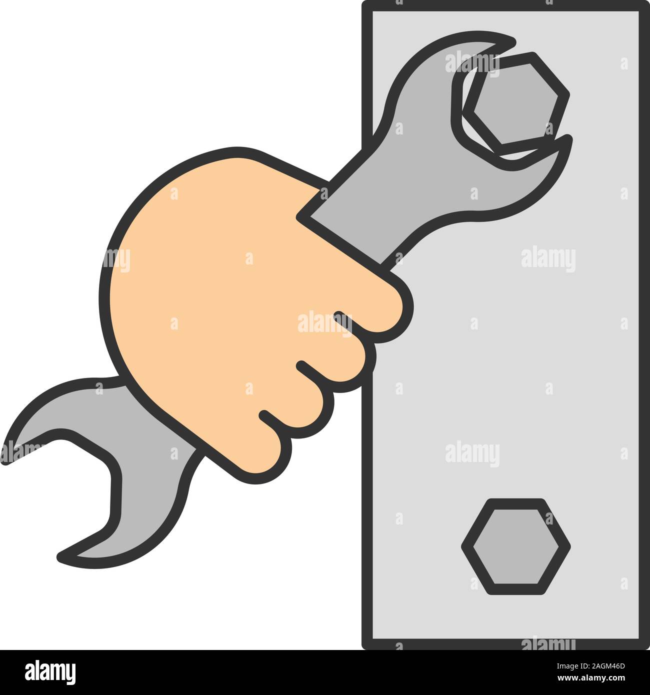 Hand holding wrench color icon. Double open ended spanner turning bolt ...