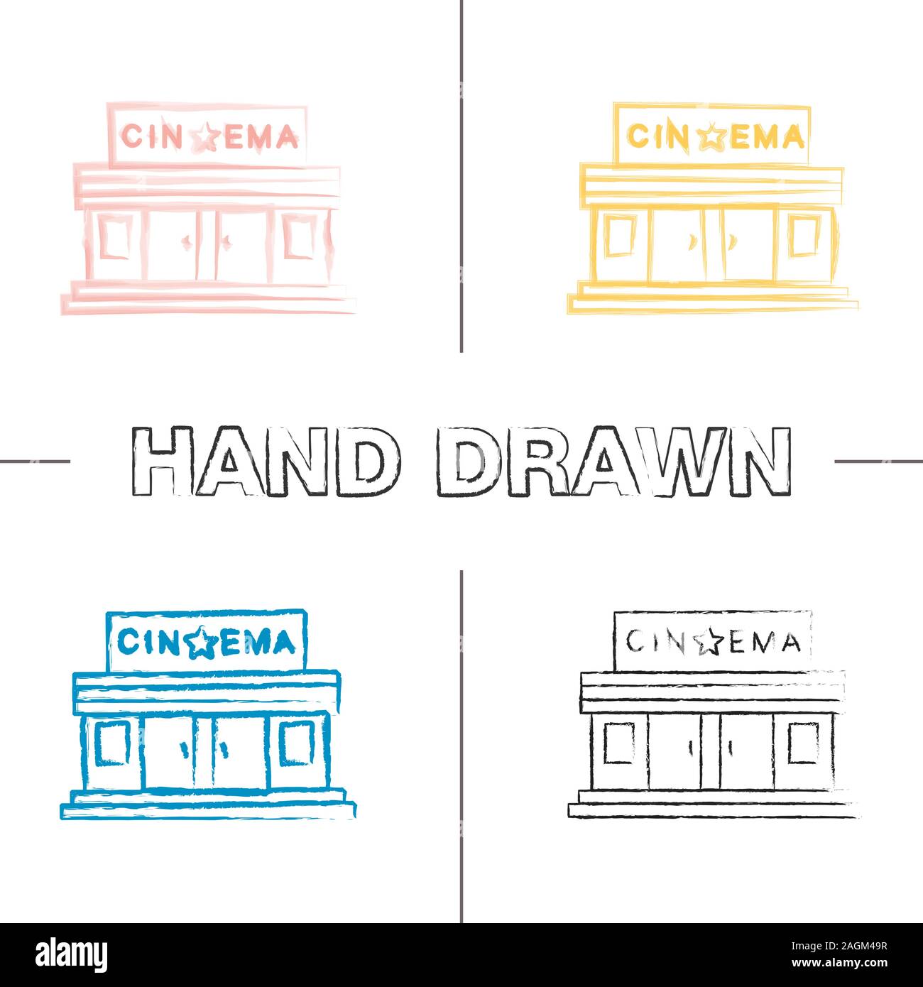 Cinema building hand drawn icons set. Movie theatre. Color brush stroke ...
