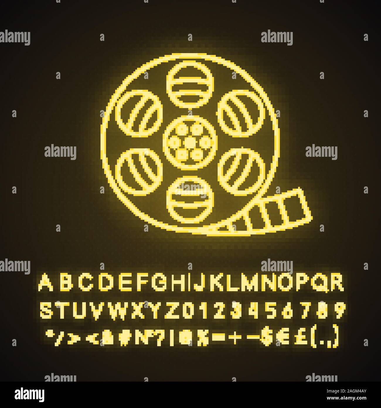 Filmstrip roll neon light icon. Glowing sign with alphabet, numbers and ...