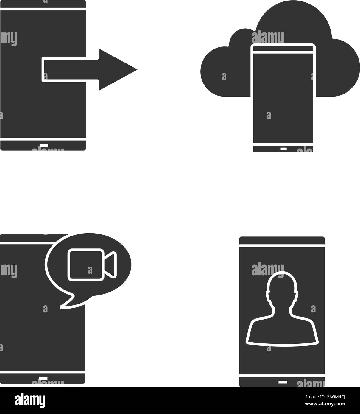 Phone communication glyph icons set. Data transfer, smartphone cloud ...