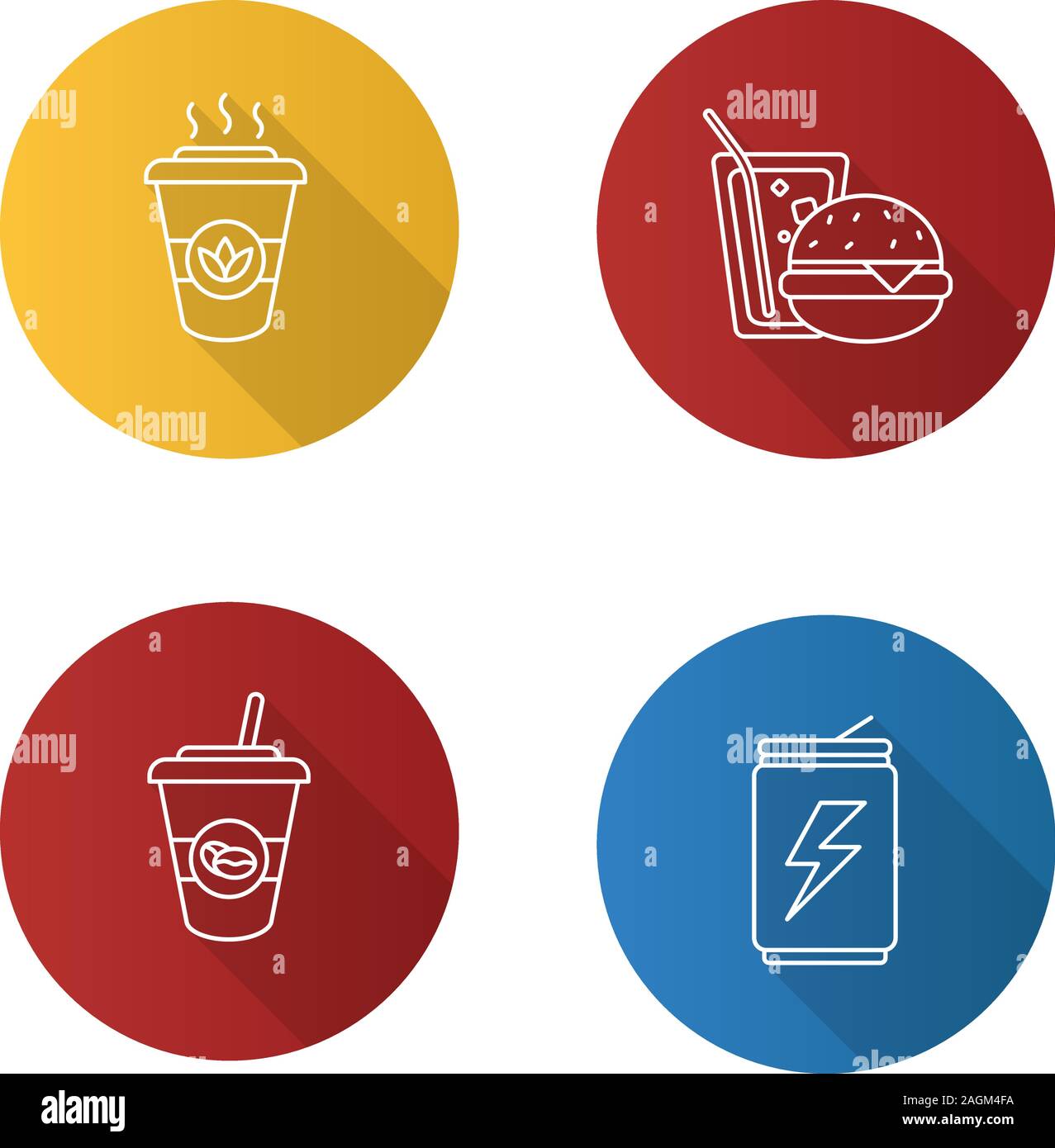 Drinks flat linear long shadow icons set. Takeaway coffee and tea ...