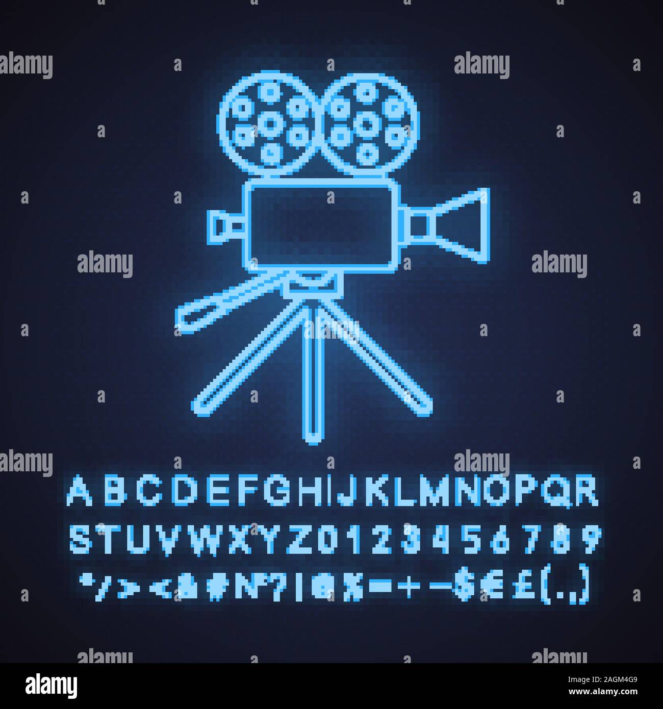 Movie camera neon light icon. Glowing sign with alphabet, numbers and ...