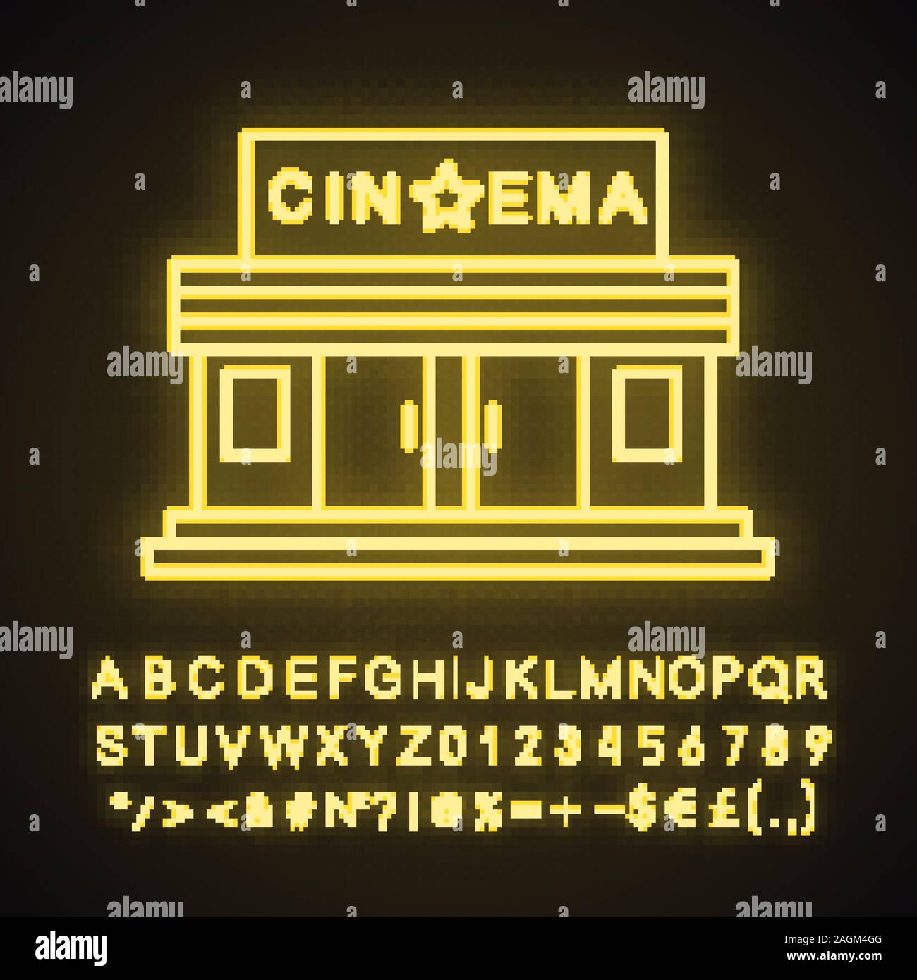 Cinema building neon light icon. Glowing sign with alphabet, numbers ...