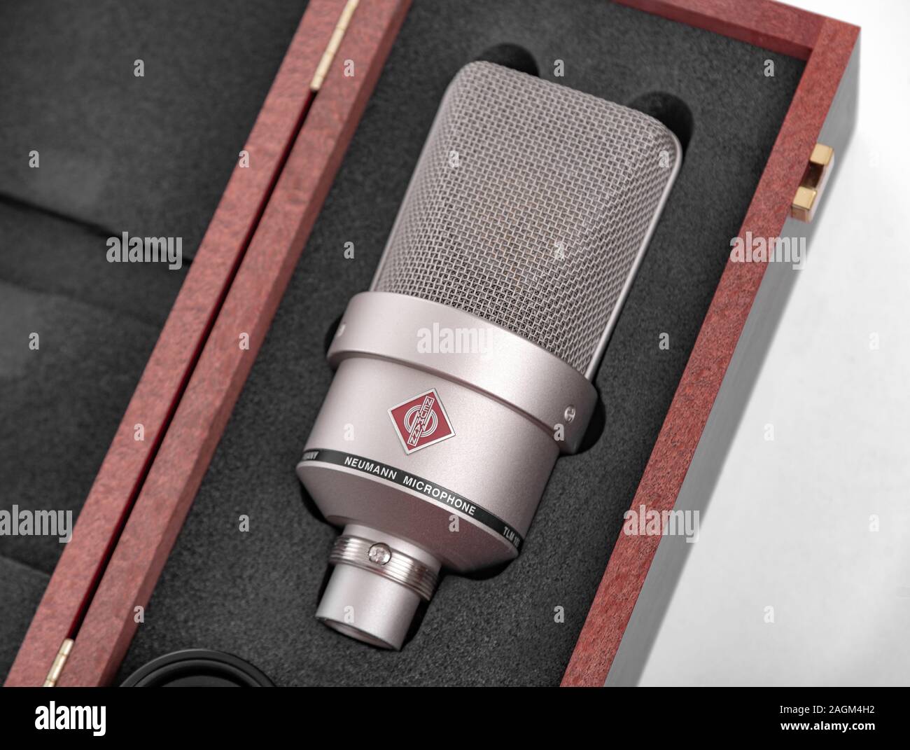 Large diaphragm condenser studio microphone Neumann tlm 103 on a white ...