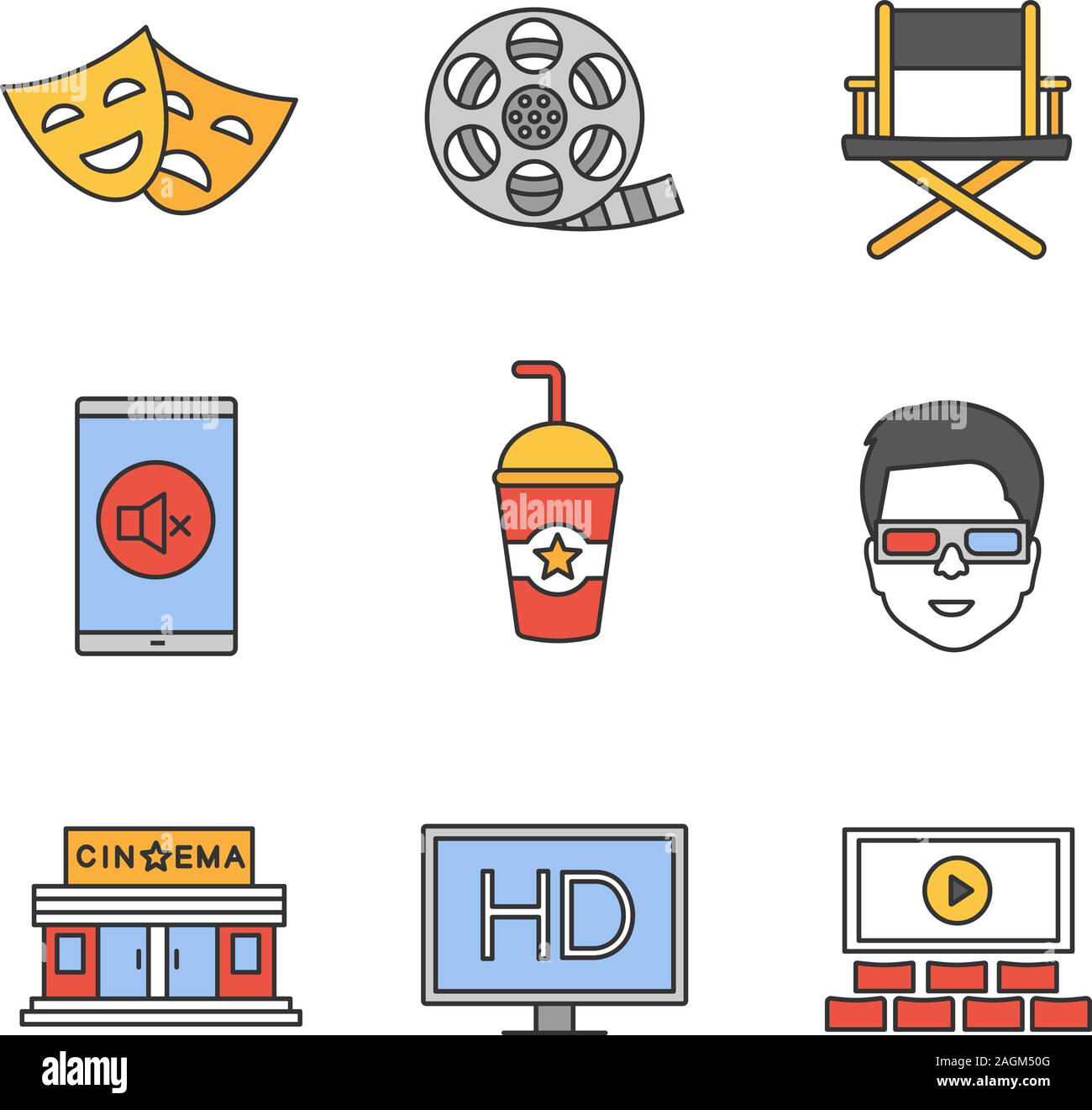 Cinema color icons set. HD display, filmstrip roll, direcror chair ...