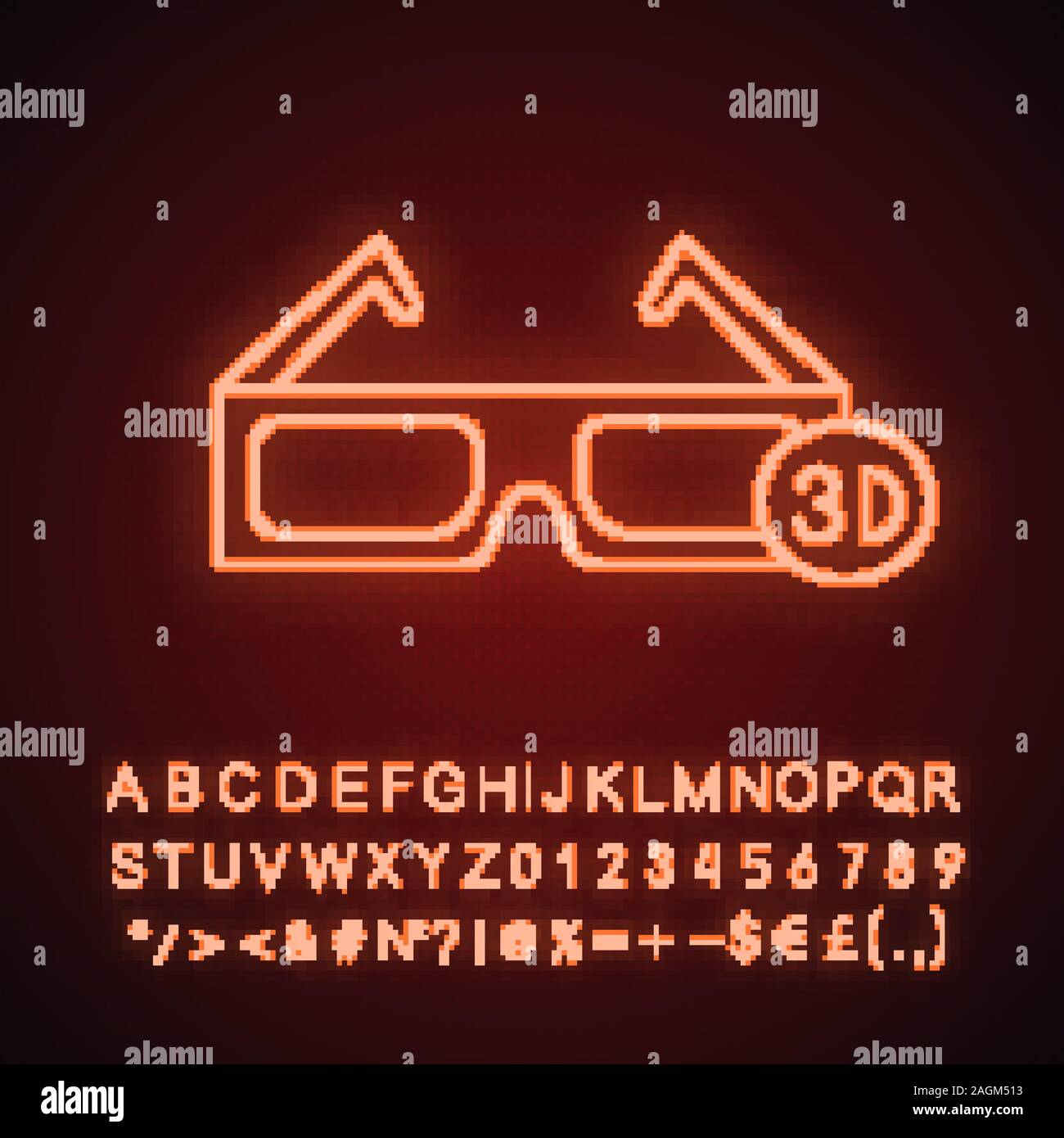 3D glasses neon light icon. Polarized anaglyph glasses. Glowing sign ...