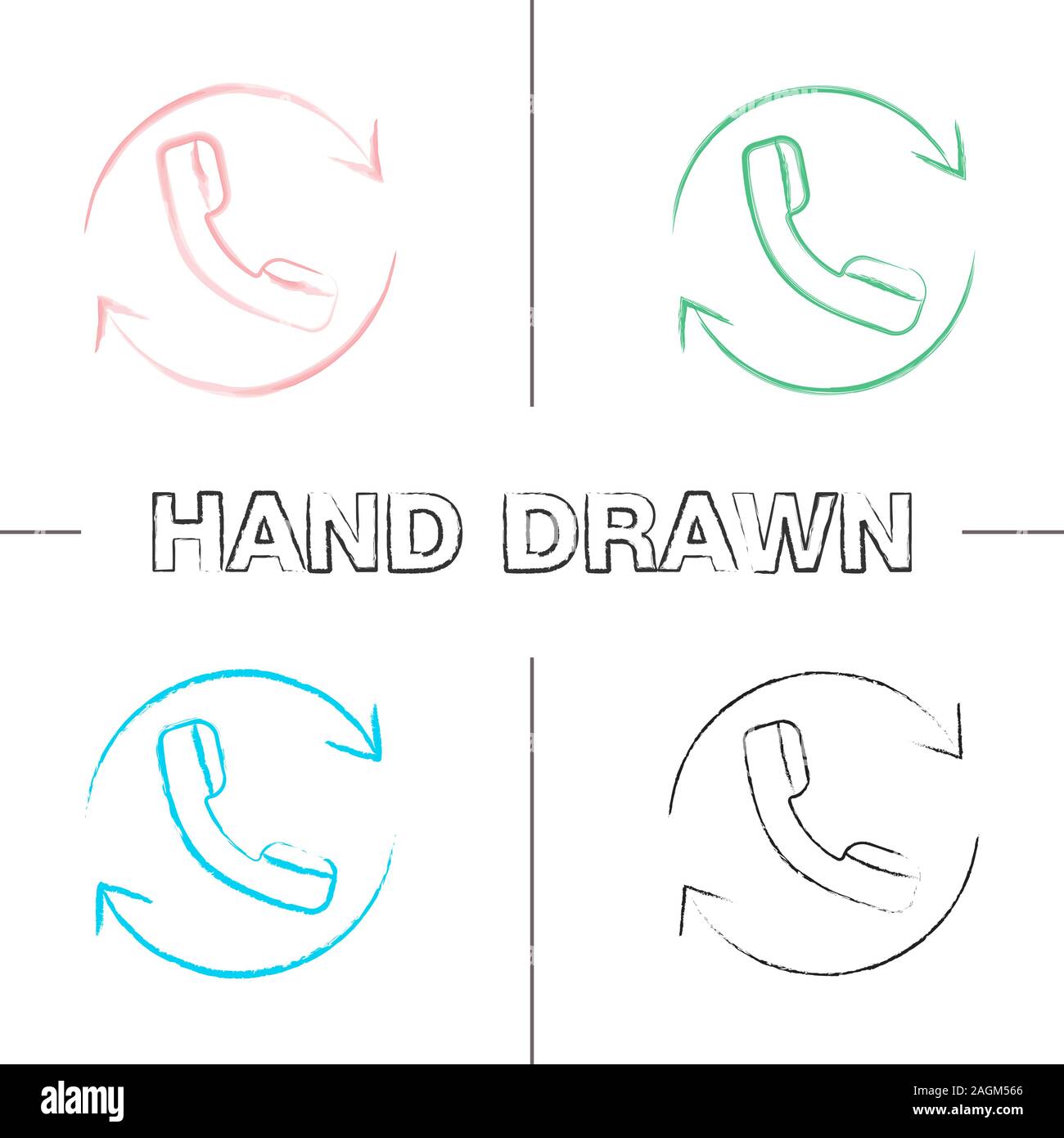 Calling linear hand drawn icons set. Call back service. Circle arrow ...
