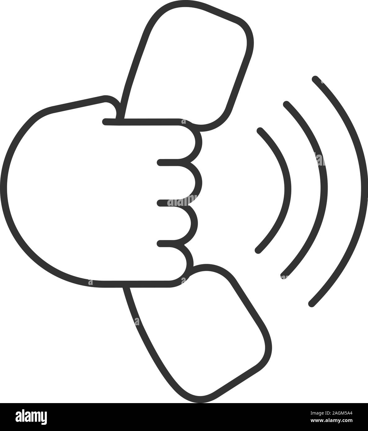 Hand holding handset linear icon. Answering the call. Thin line ...