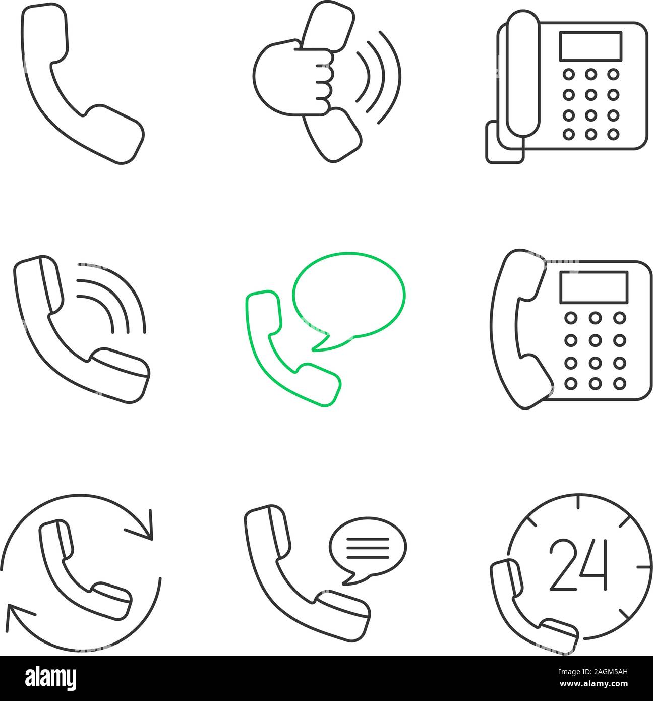 Phone communication linear icons set. Handset, incoming call, landline ...