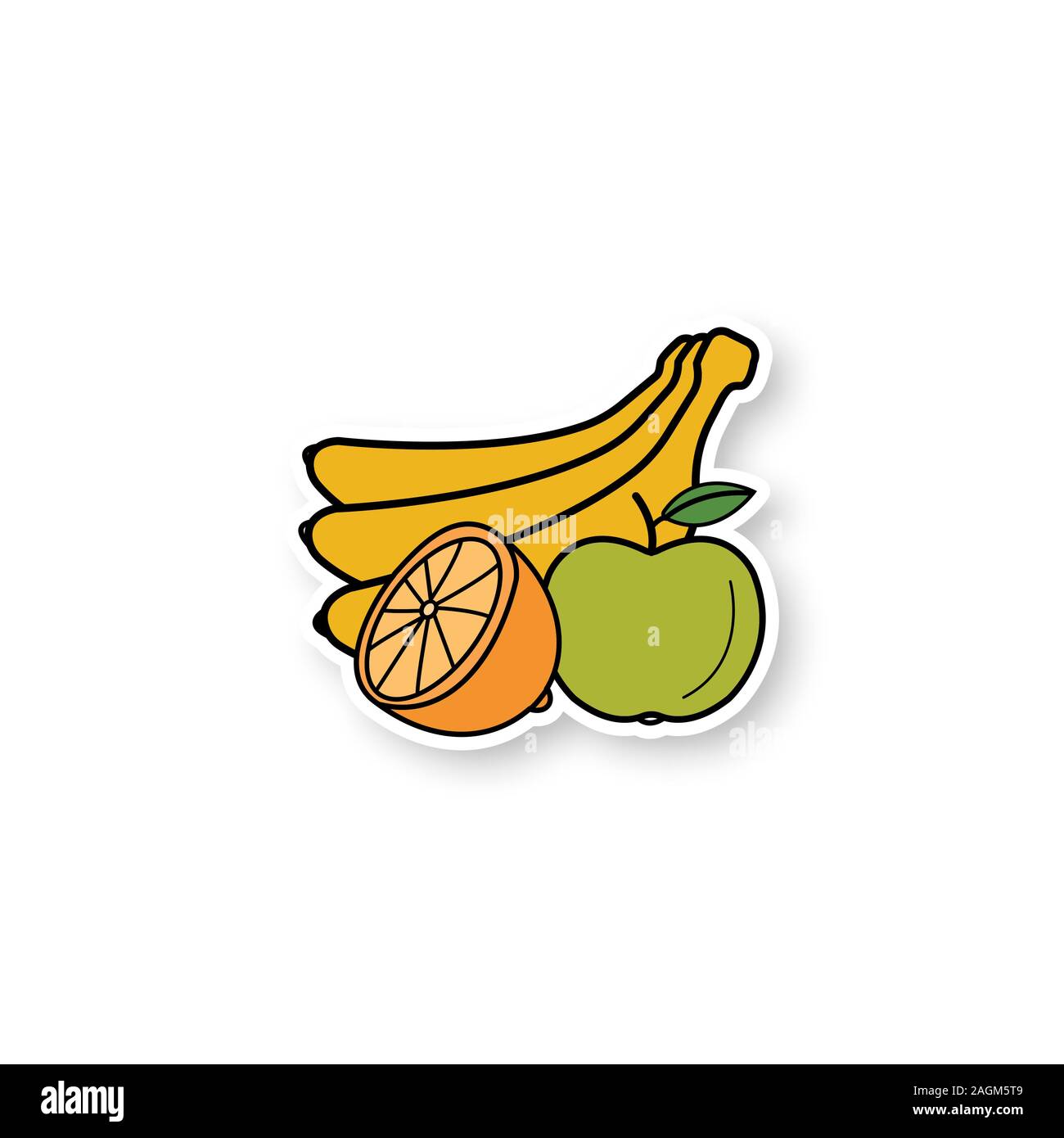 Fruits patch. Banana, orange and apple. Still life. Color sticker ...