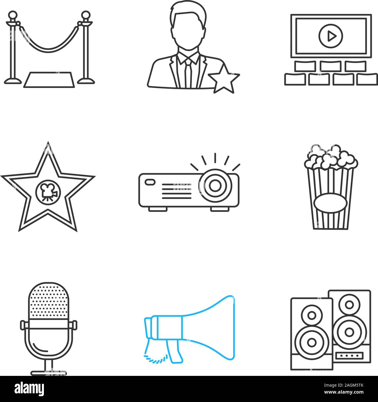 Cinema linear icons set. Red carpet, actor, screen, movie star ...