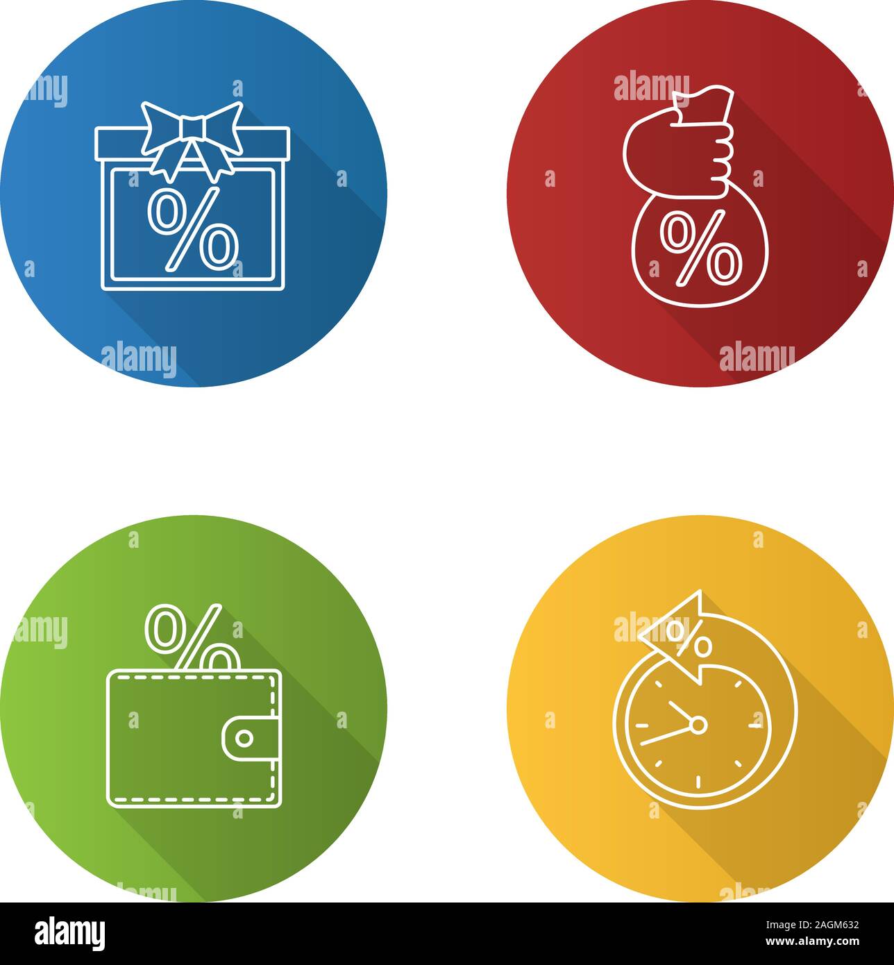 Percents flat linear long shadow icons set. Sale, discount offer, money ...