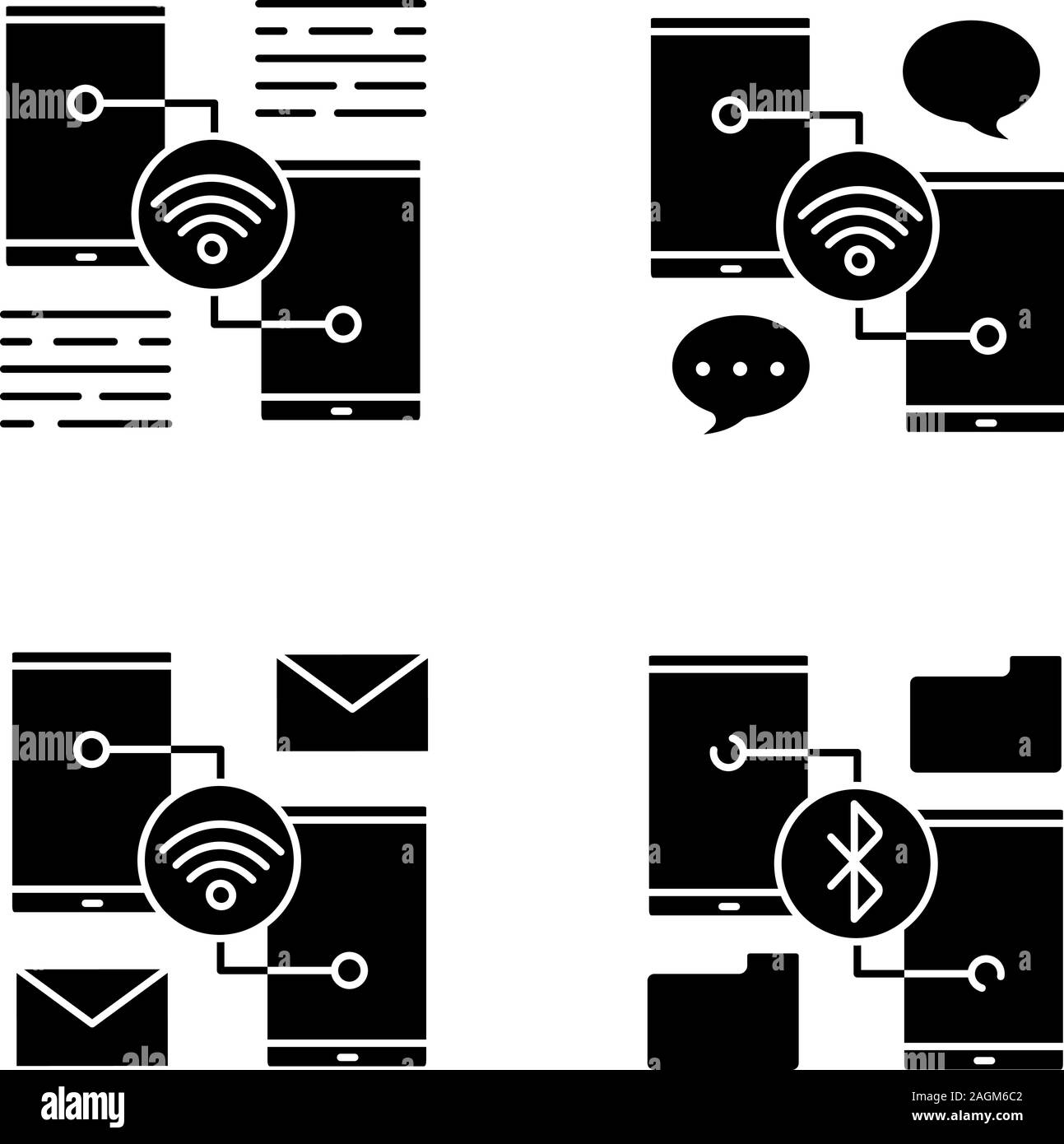 Smartphone connection glyph icons set. Silhouette symbols. Chatting ...