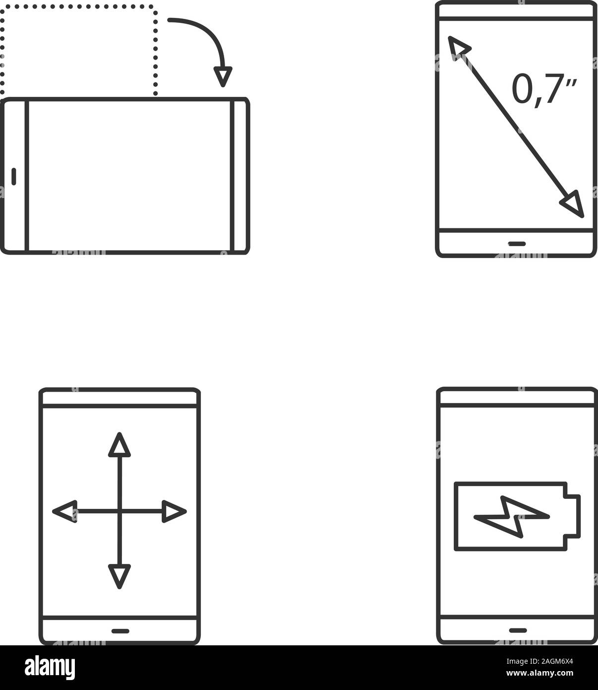 Smartphone linear icons set. Display inch size, screen rotation and ...