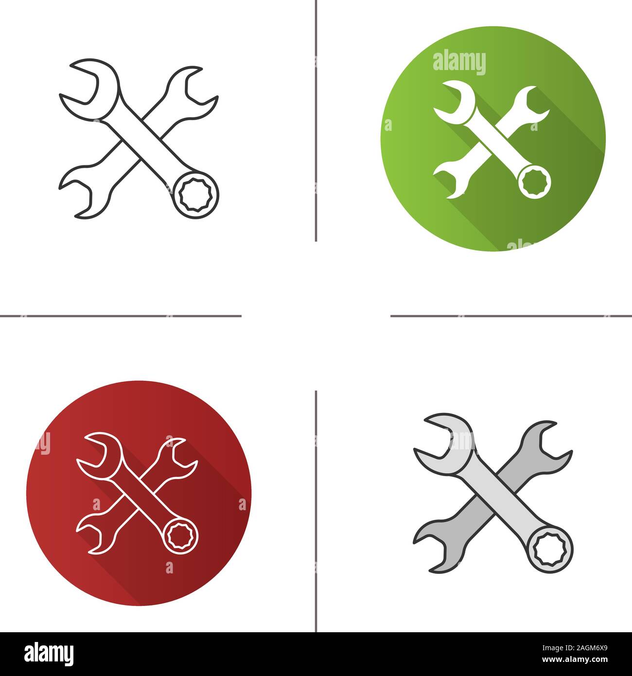 Crossed wrenches icon. Double open ended and combination spanners. Flat ...