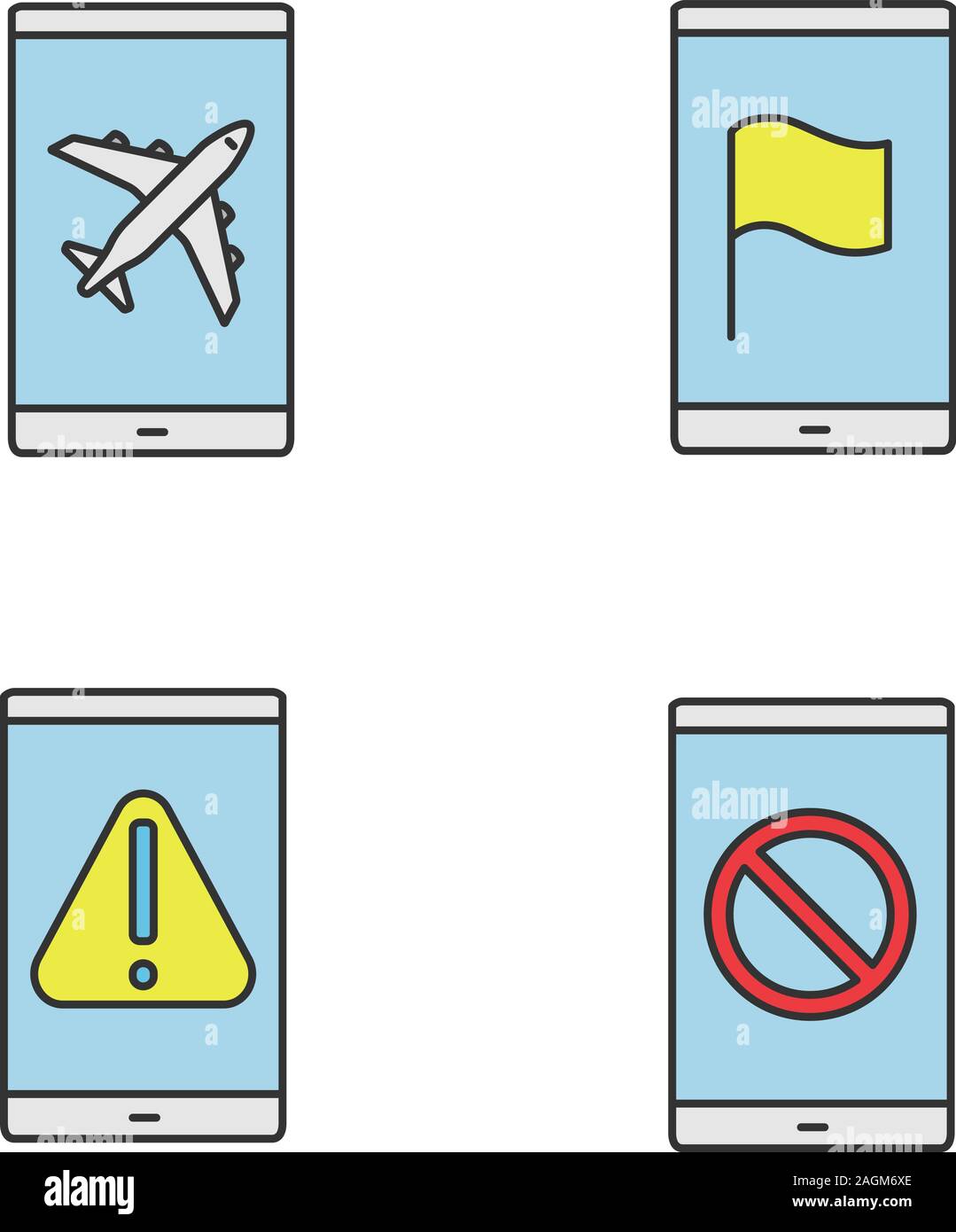 Smartphone apps color icons set. Flight mode, GPS navigator, error, no ...