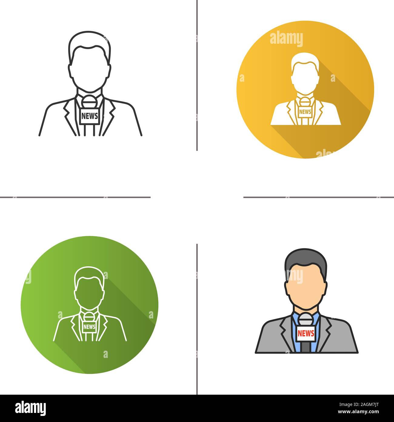 TV presenter icon. News reporter with microphone. TV host. Flat design ...