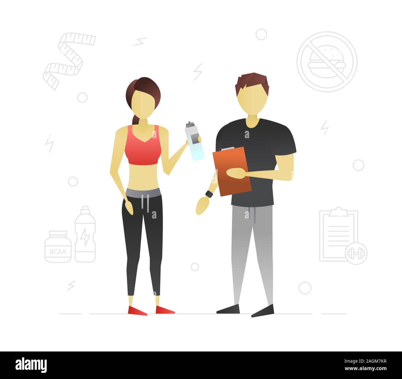 Woman with personal trainer flat character design. Fitness. Sportswoman ...