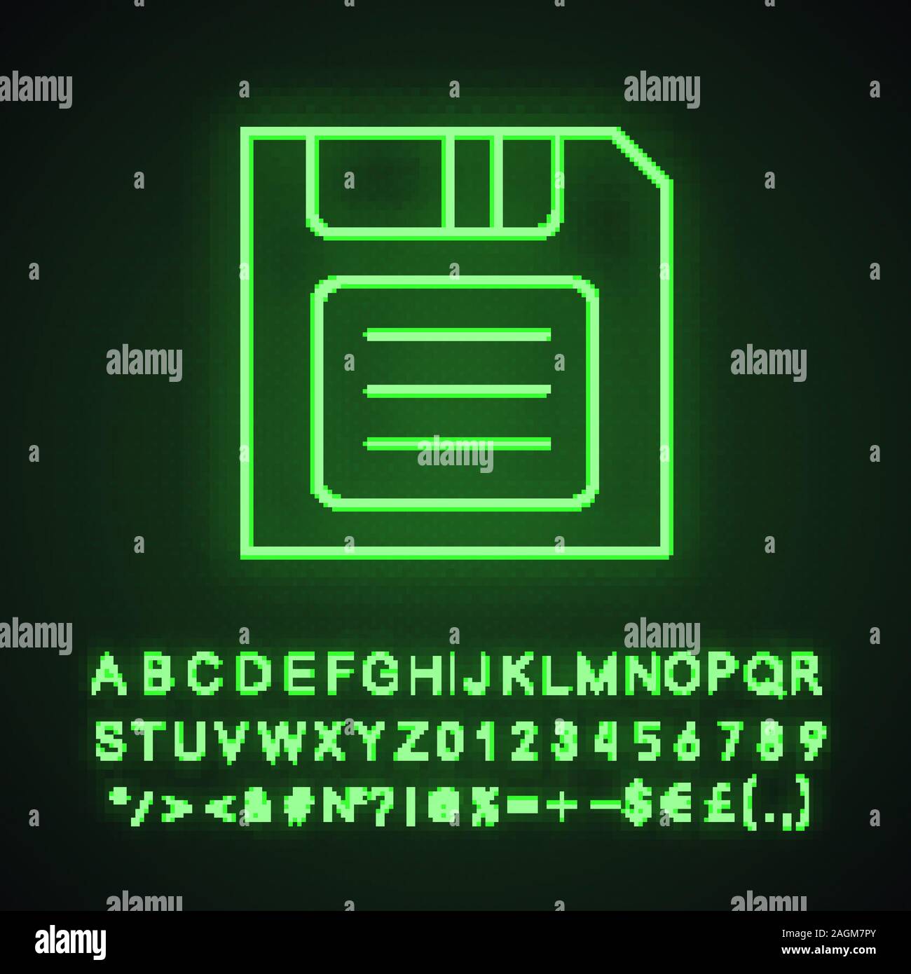 Save button neon light icon. Floppy disc. Glowing sign with alphabet ...