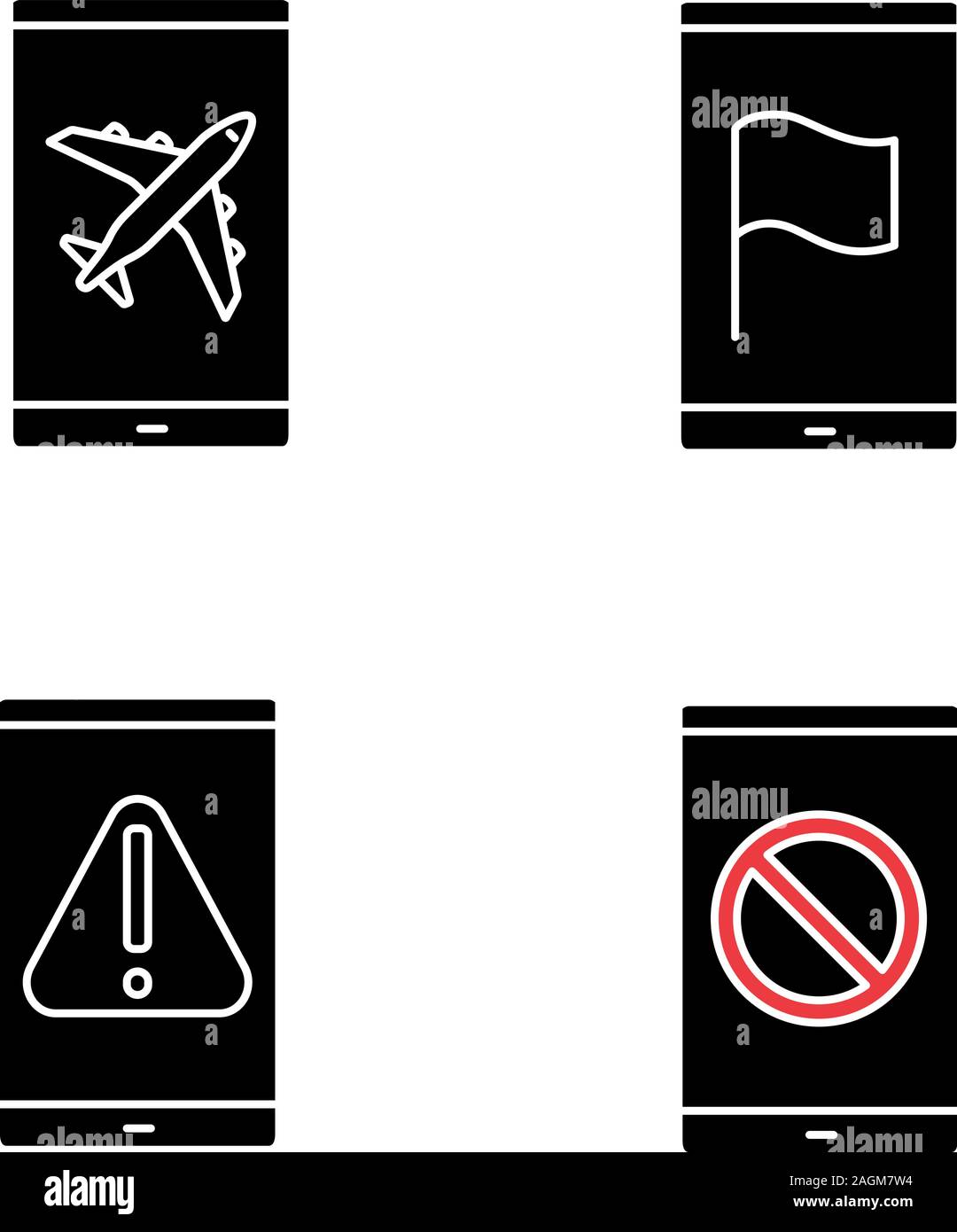 Smartphone apps glyph icons set. Flight mode, GPS navigator, error, no ...