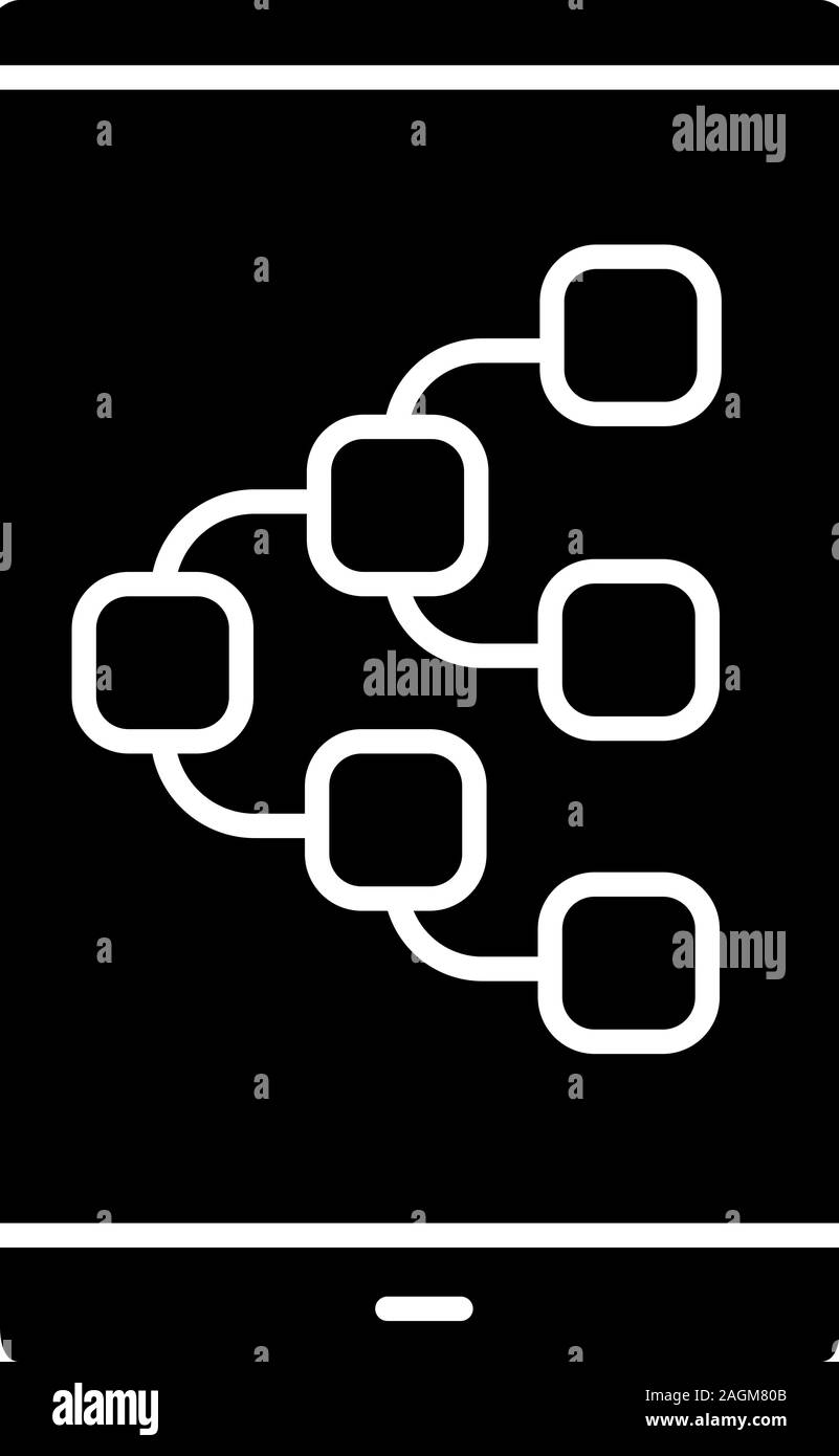 Content sharing app glyph icon. Smartphone screen with hierarchy sign ...
