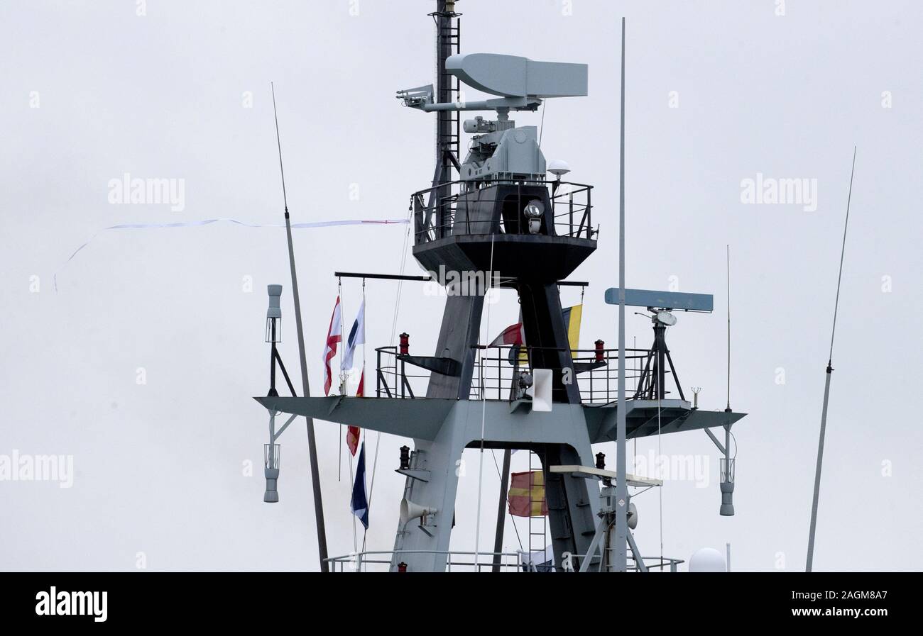 A paying off pennant flies from the mast of HMS Clyde as she arrives ...